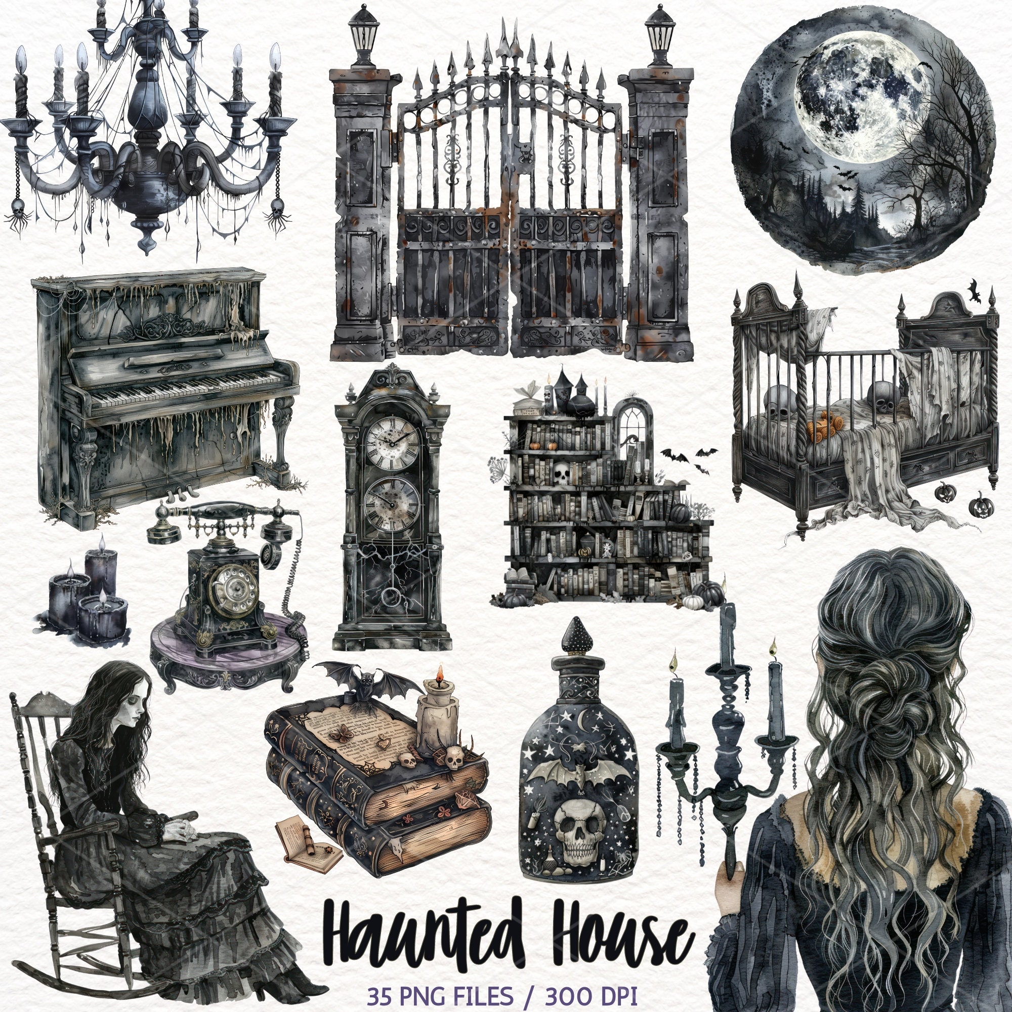 Watercolor Halloween Haunted House Clipart, Spooky Clip Art, Creepy ...