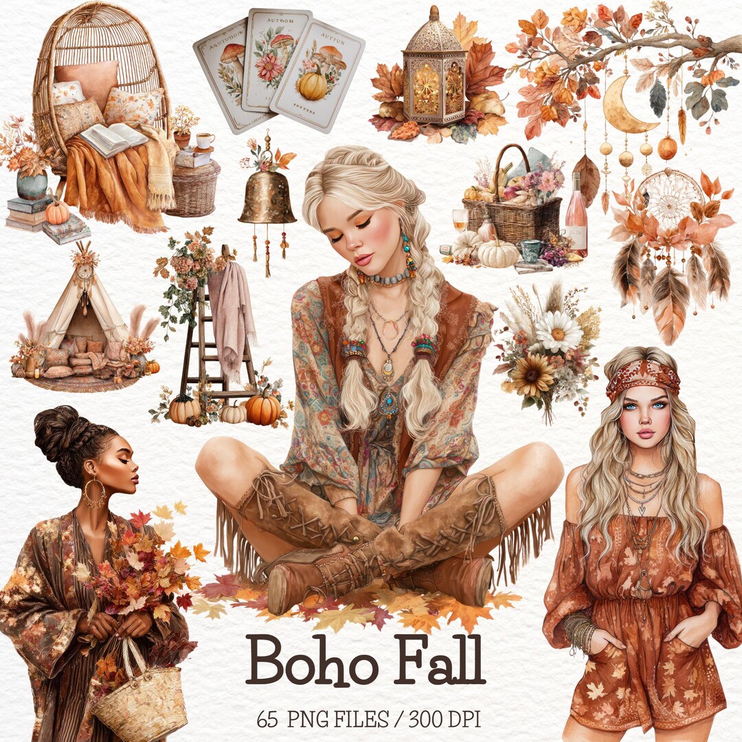 Boho Fall Clipart Set: Watercolor Autumn PNG Graphics (digital Download ...