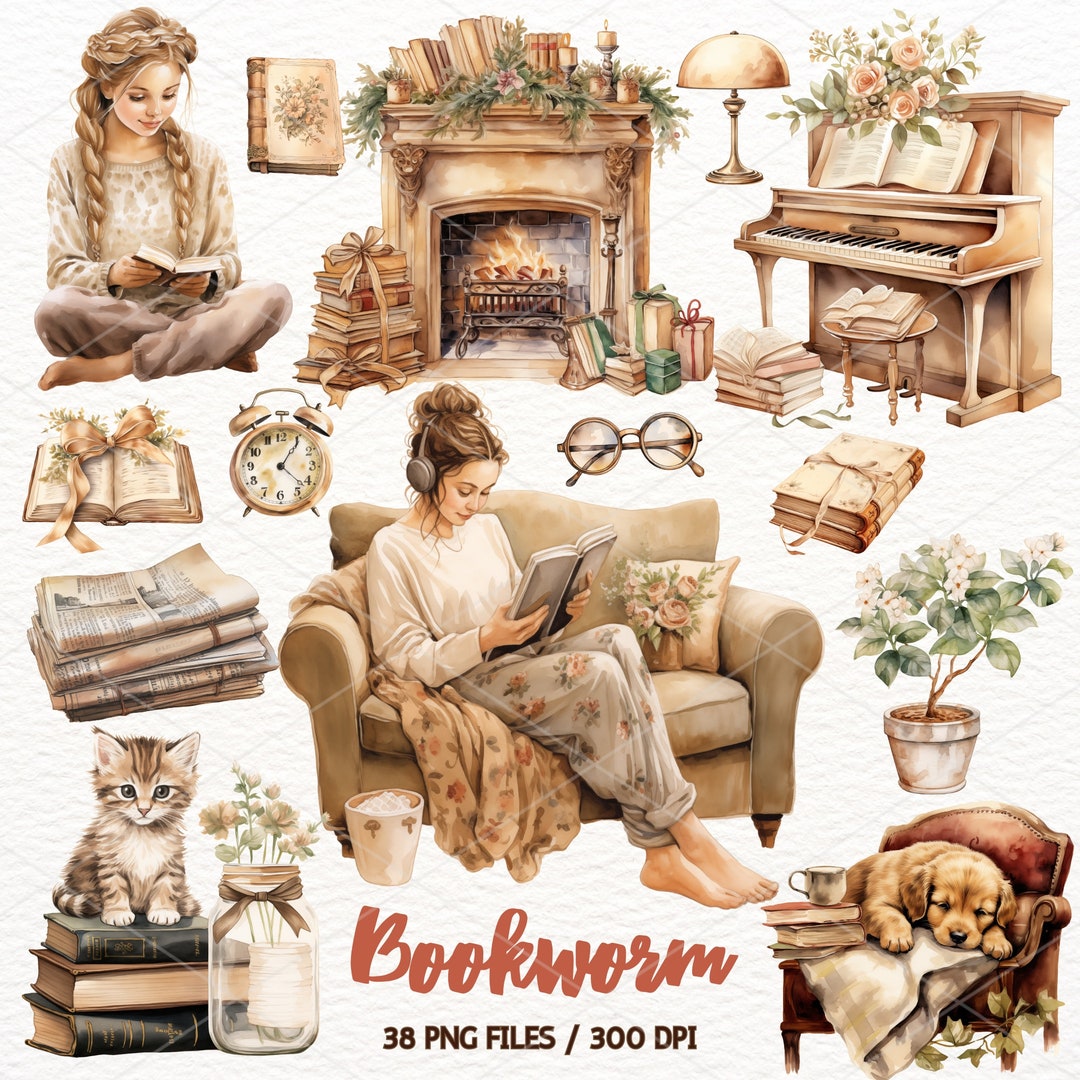 Watercolor Bookworm Clipart: Cozy Reading PNG (digital Download) - Etsy