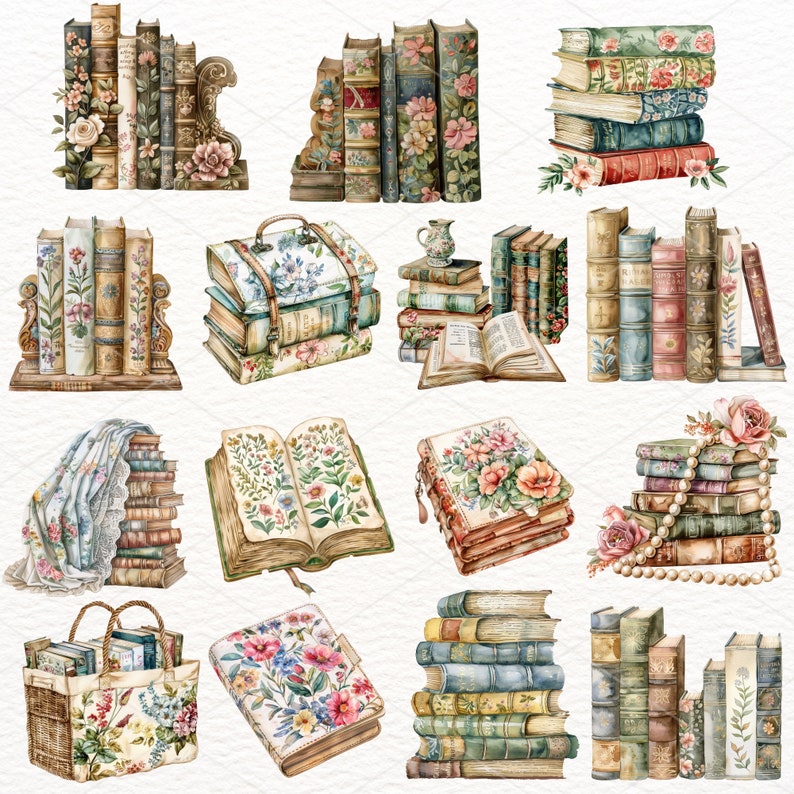 Watercolor Library Clipart: Vintage Book PNG Stickers (instant Download ...