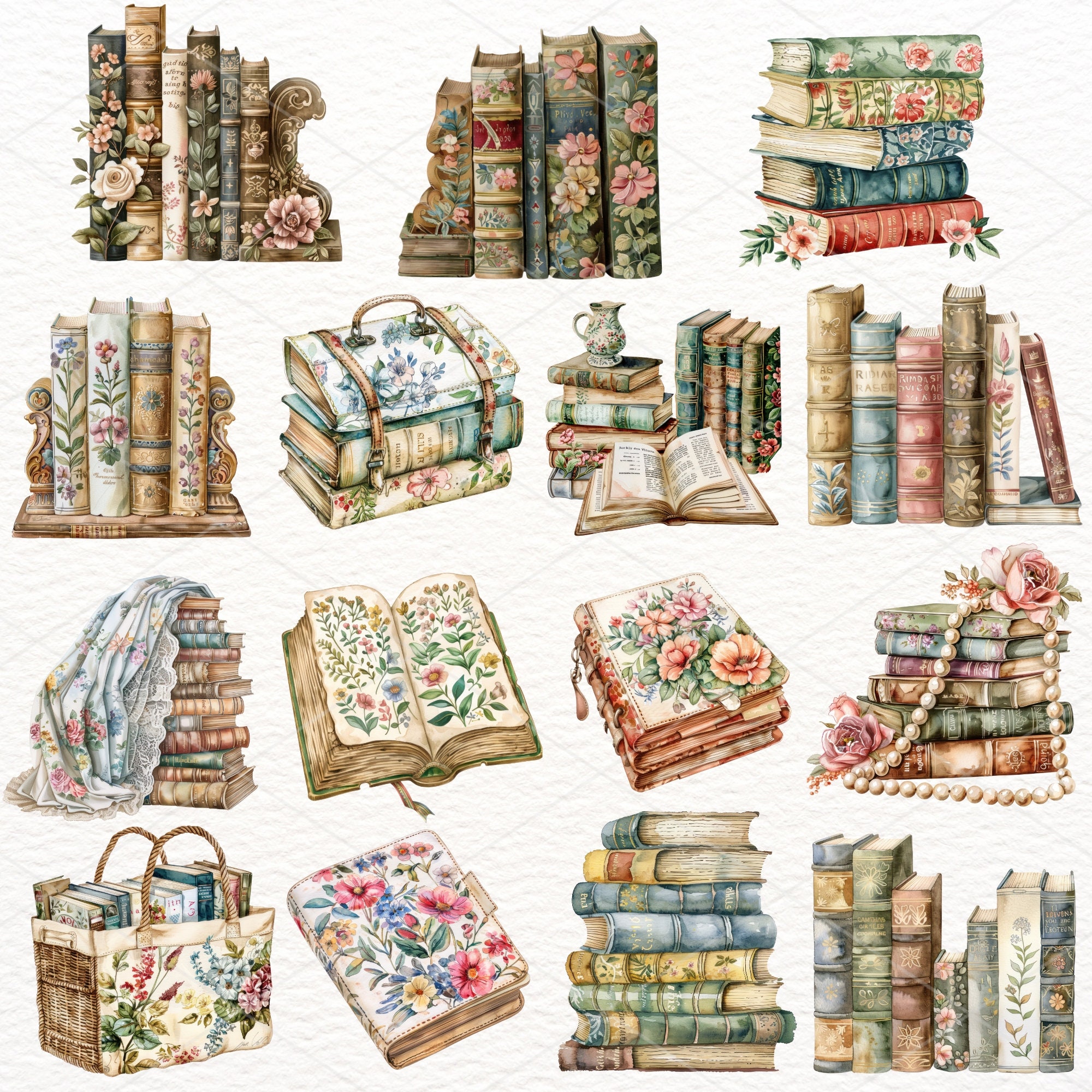 Watercolor Library Clipart, Book Lover, Reading, Vintage Books Clipart ...