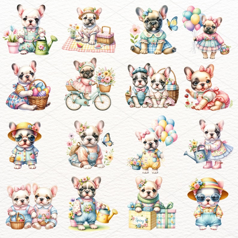 Spring Clipart Bundle PNG, French Bulldog Clipart, Cute Frenchie ...