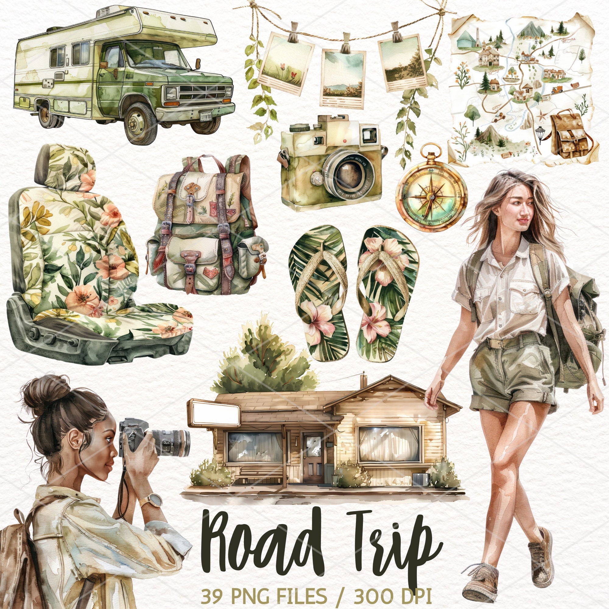 Watercolor Road Trip Clipart: Summer Travel Graphics (PNG Digital ...