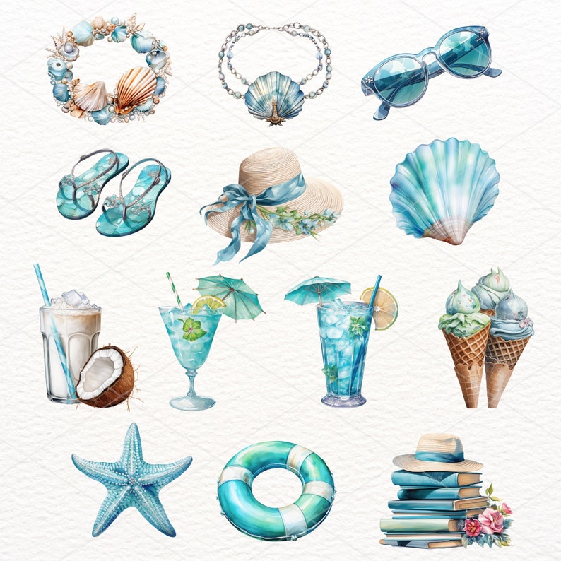 Summer Beach Watercolor Clipart: Vacation PNG Graphics (digital ...