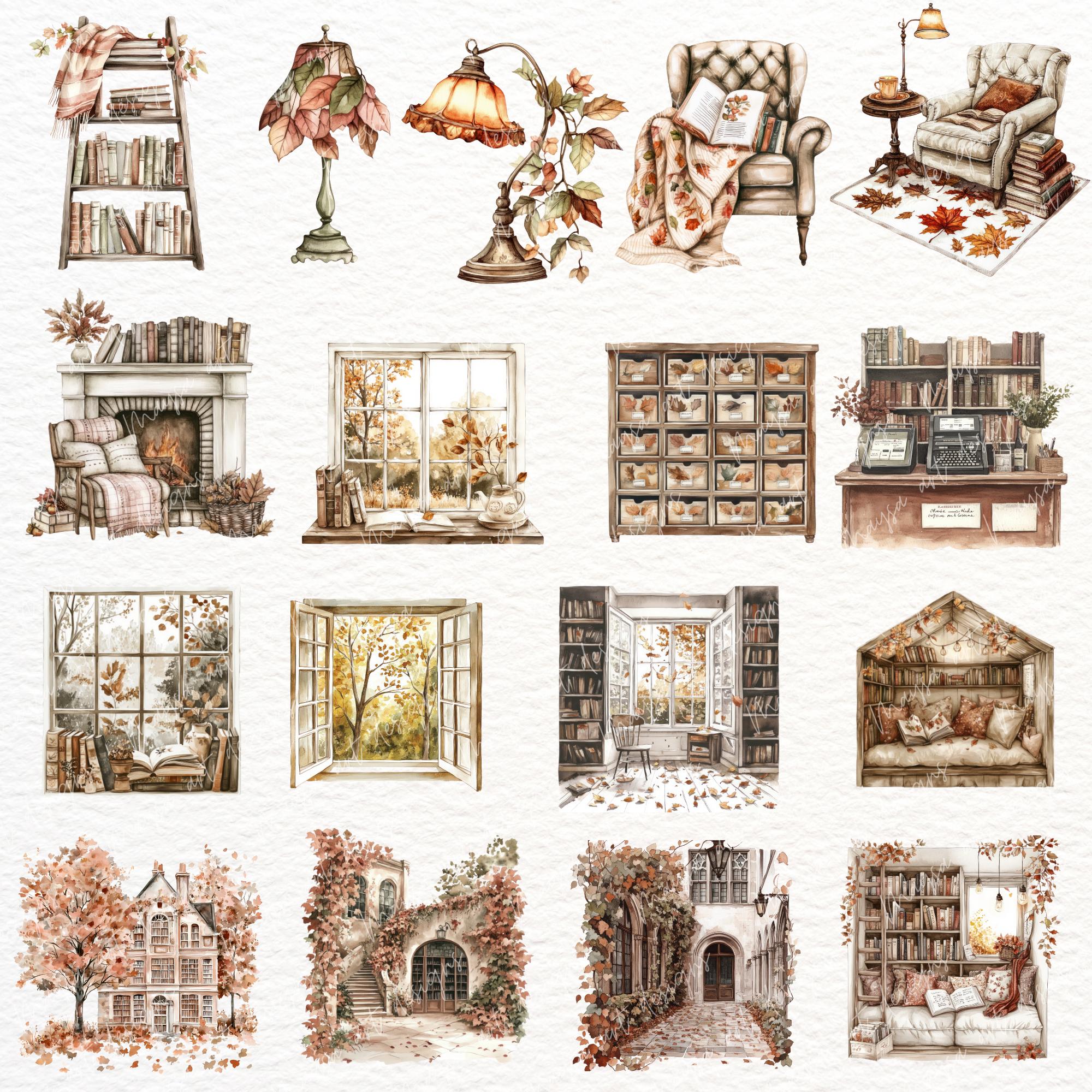 Autumn Library Watercolor Clipart: Vintage Books, Cozy Reading Nooks ...