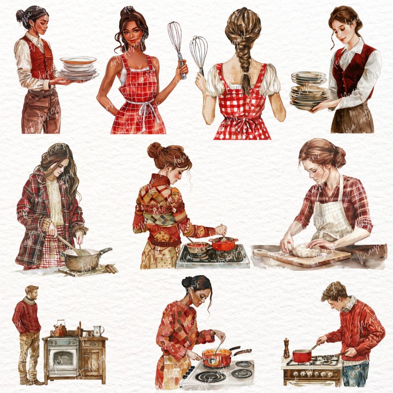 Farmhouse Kitchen Clipart, Red Plaid Cooking Tools PNG, Rustic Country ...