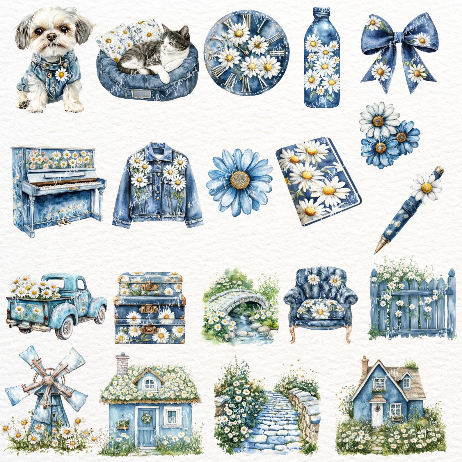 Watercolor Denim Daisy Clipart: Cottagecore Spring Florals (PNG Digital ...