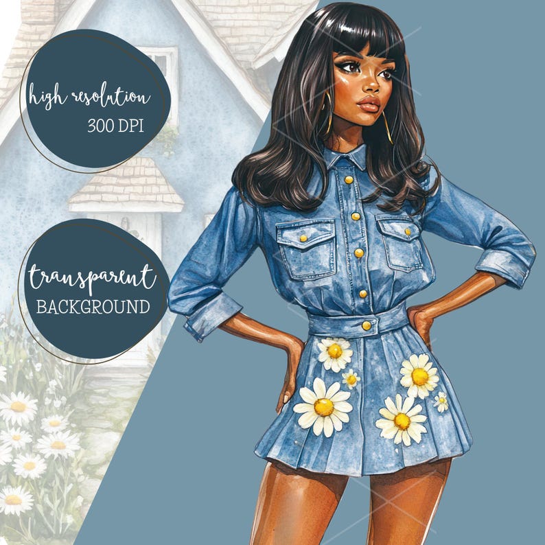 Watercolor Denim Daisy Clipart: Cottagecore Spring Florals (PNG Digital ...