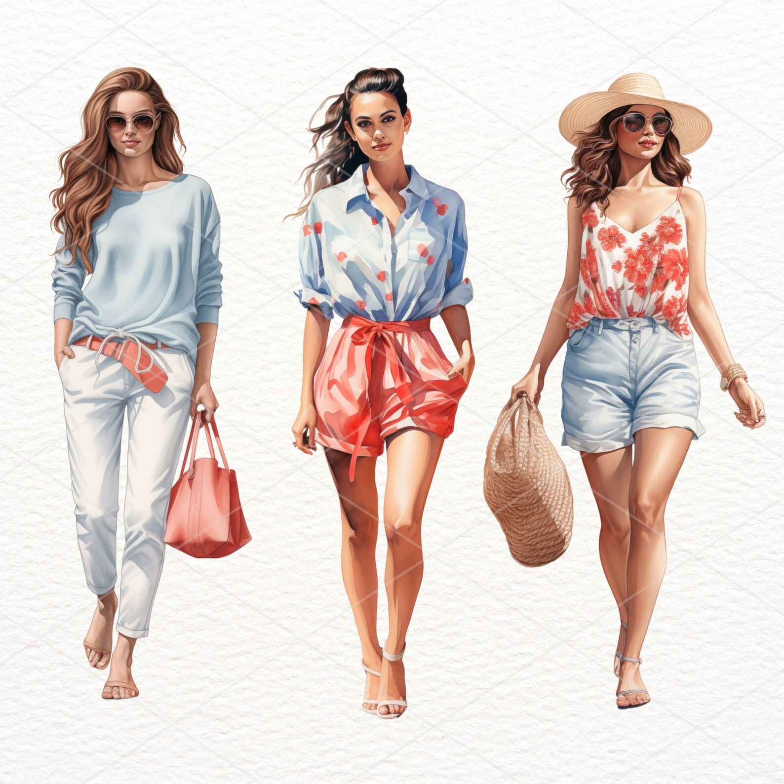 Watercolor Summer Fashion Girls Clipart: PNG Graphics (digital Download ...