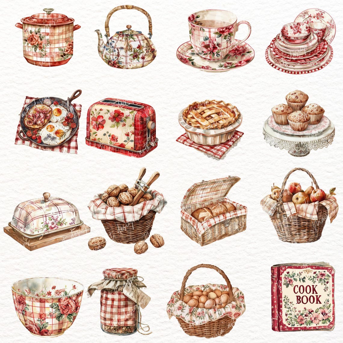 Farmhouse Kitchen Clipart, Red Plaid Cooking Tools PNG, Rustic Country ...