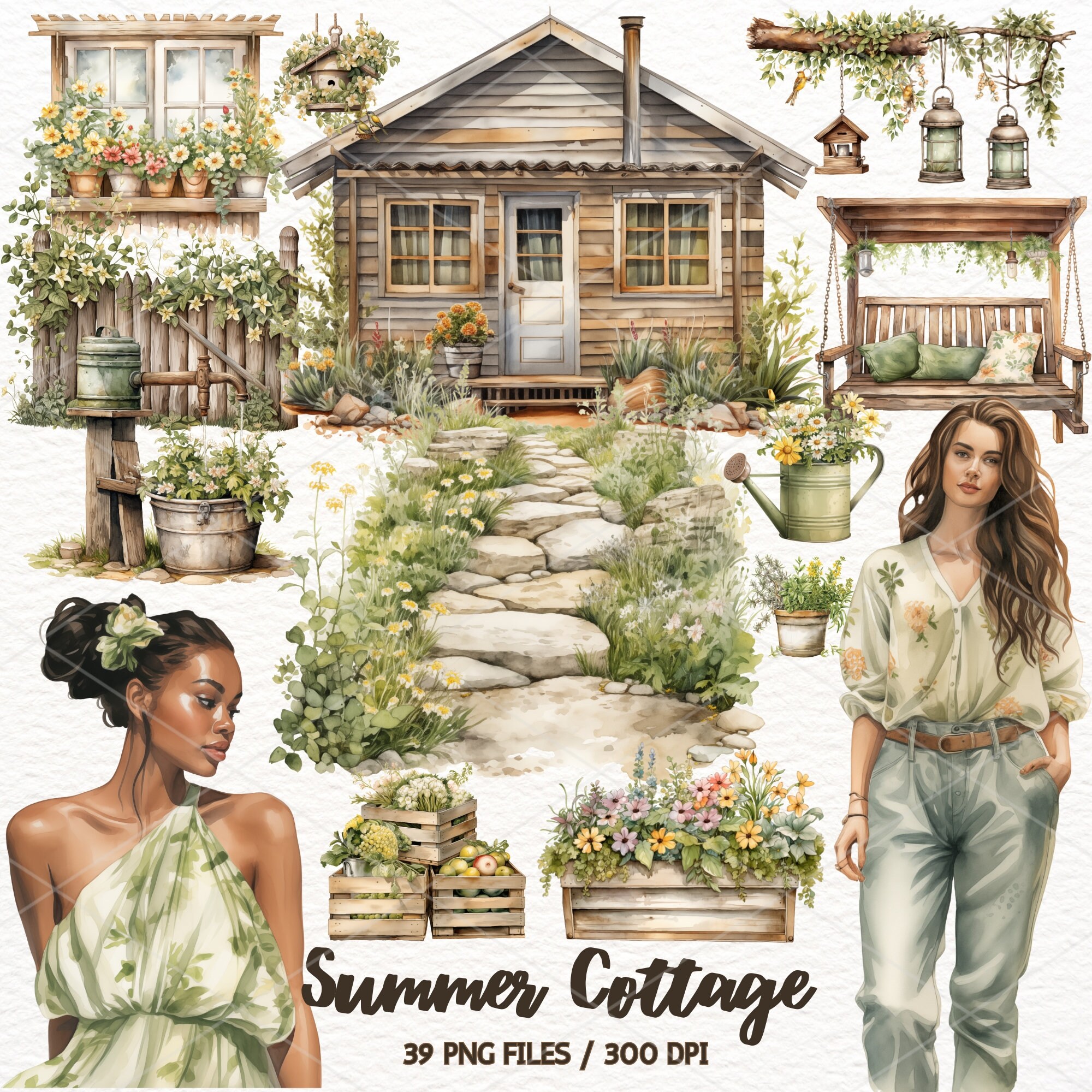 Watercolor Summer Cottage Clipart, Cottagecore Clipart, Watercolor ...