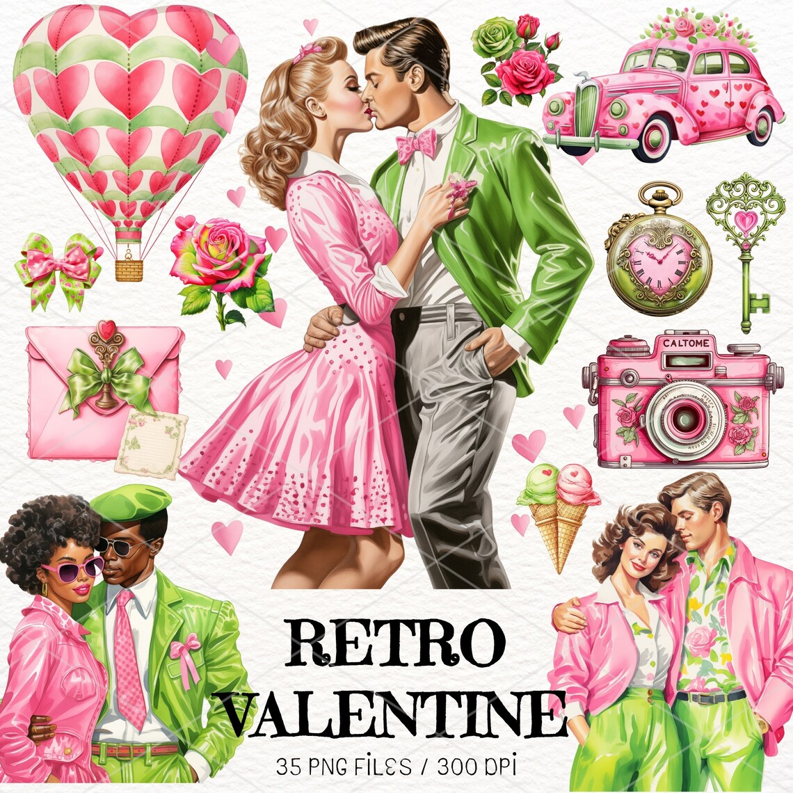 Watercolor Retro Valentine Clipart: 35 PNG Romantic Clip Art (digital ...