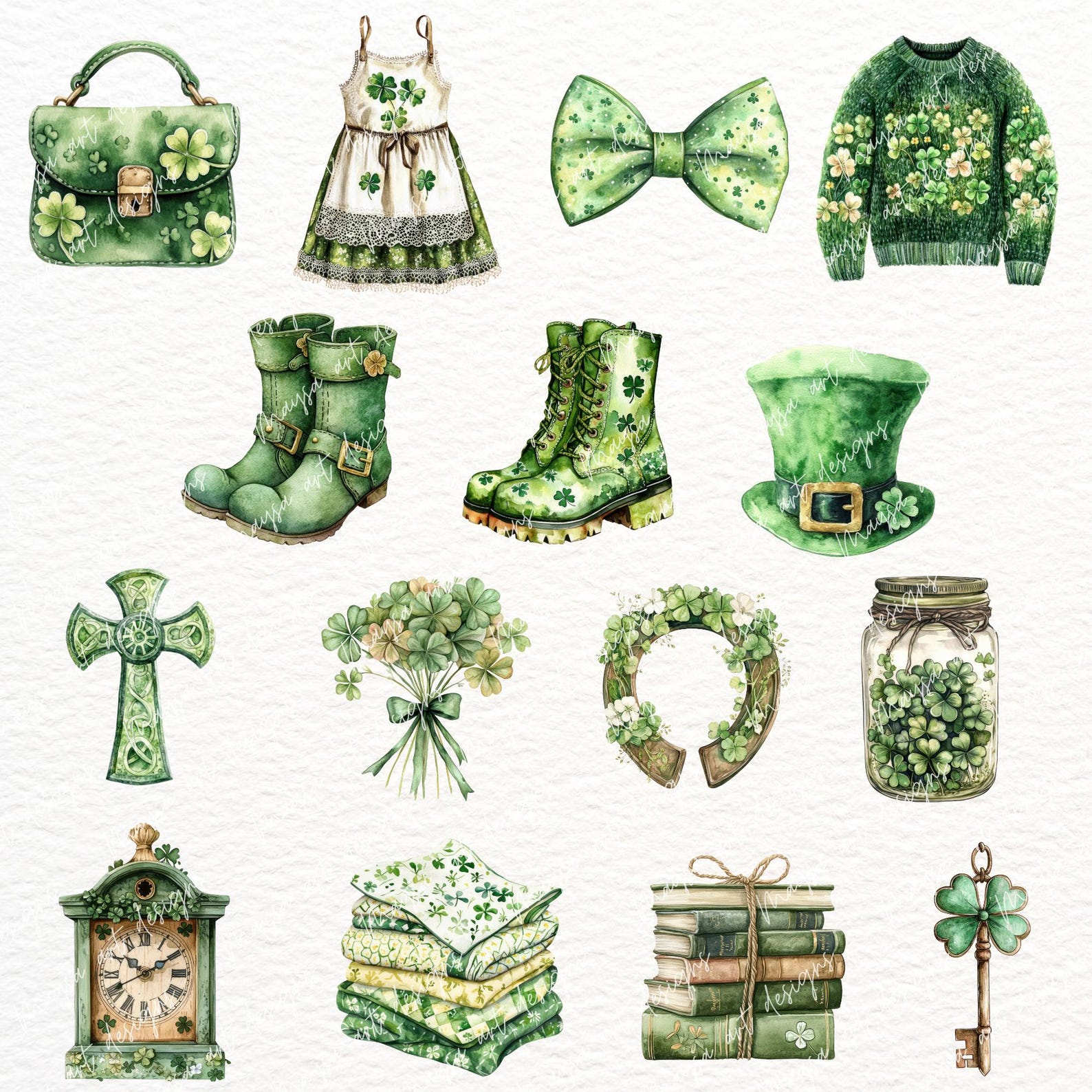 Watercolor St. Patrick's Day Clipart: Shamrock, Leprechaun, Pot of Gold ...