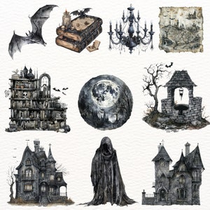 Watercolor Halloween Haunted House Clipart, Spooky Clip Art, Creepy ...