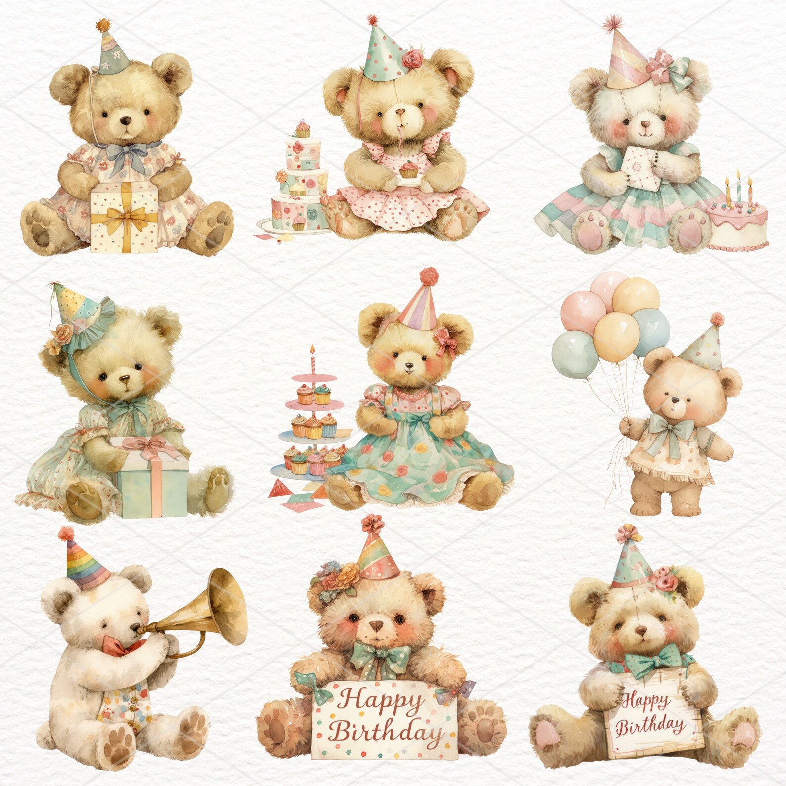 Birthday Teddy Bear Watercolor Clipart, Birthday Bears, Cute Teddy Bear ...