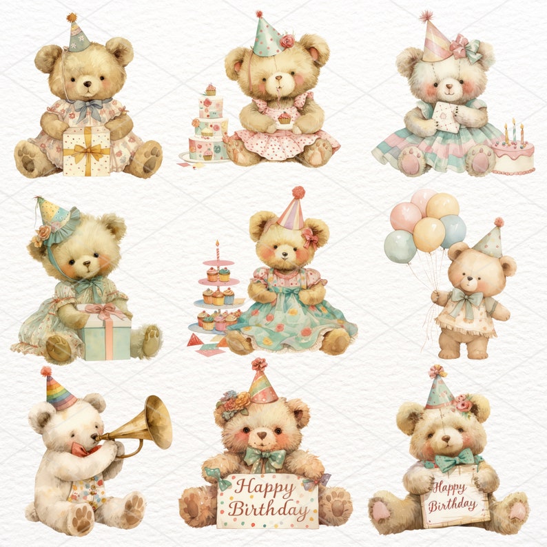 Birthday Teddy Bear Watercolor Clipart, Birthday Bears, Cute Teddy Bear ...