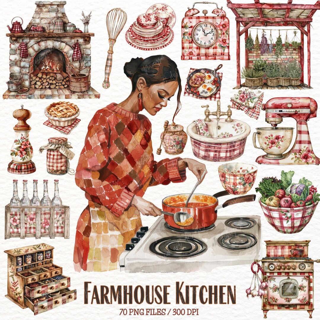 Farmhouse Kitchen Clipart, Red Plaid Cooking Tools PNG, Rustic Country ...