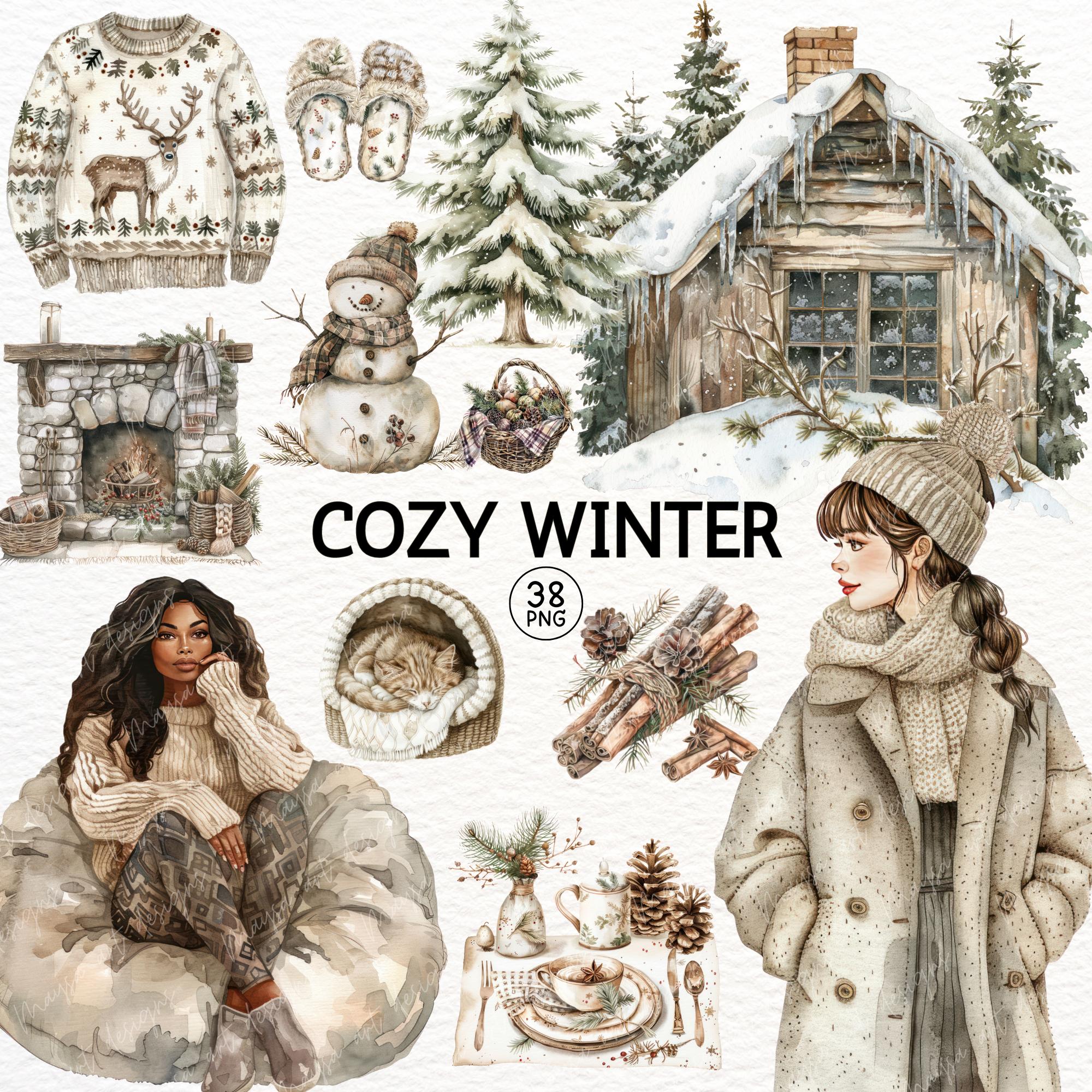 Watercolor Cozy Winter Clipart Neutral Winter, Winter Cabin, Holidays ...