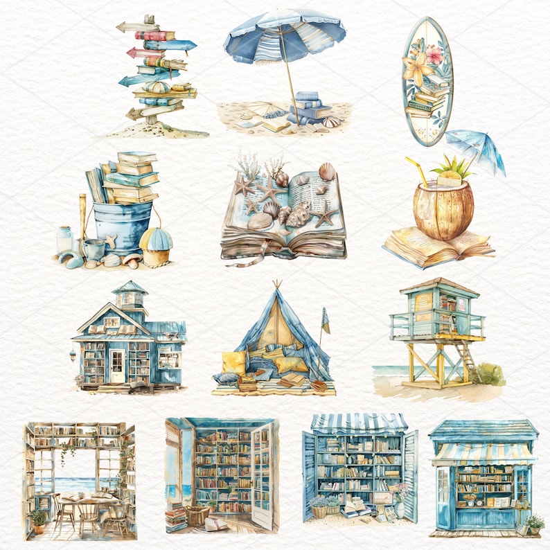 Watercolor Summer Reading Clipart, Bookworm PNG, Girl Reading Clipart ...