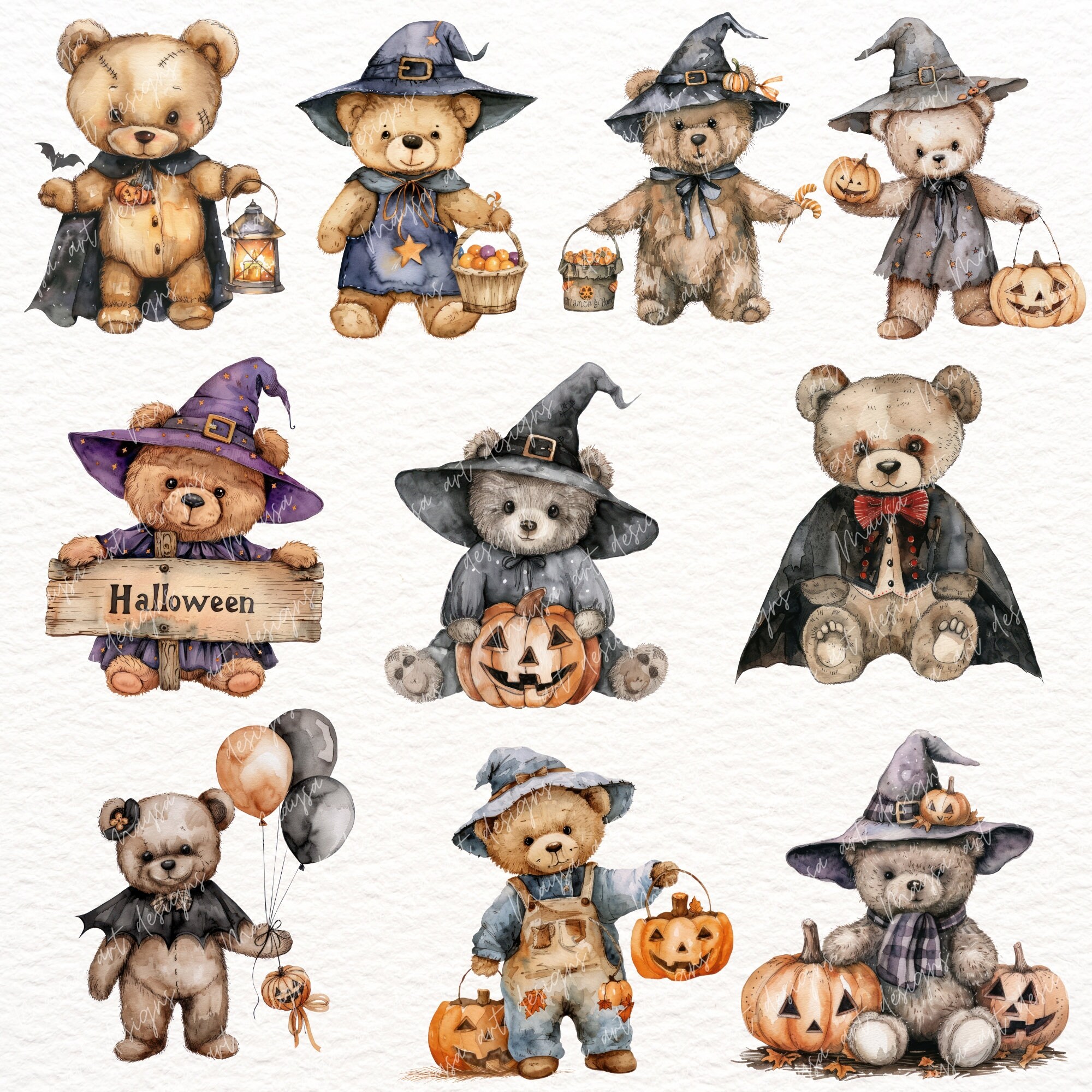 Watercolor Halloween Bear Clipart, Teddy Bear PNG, Cute Animals ...