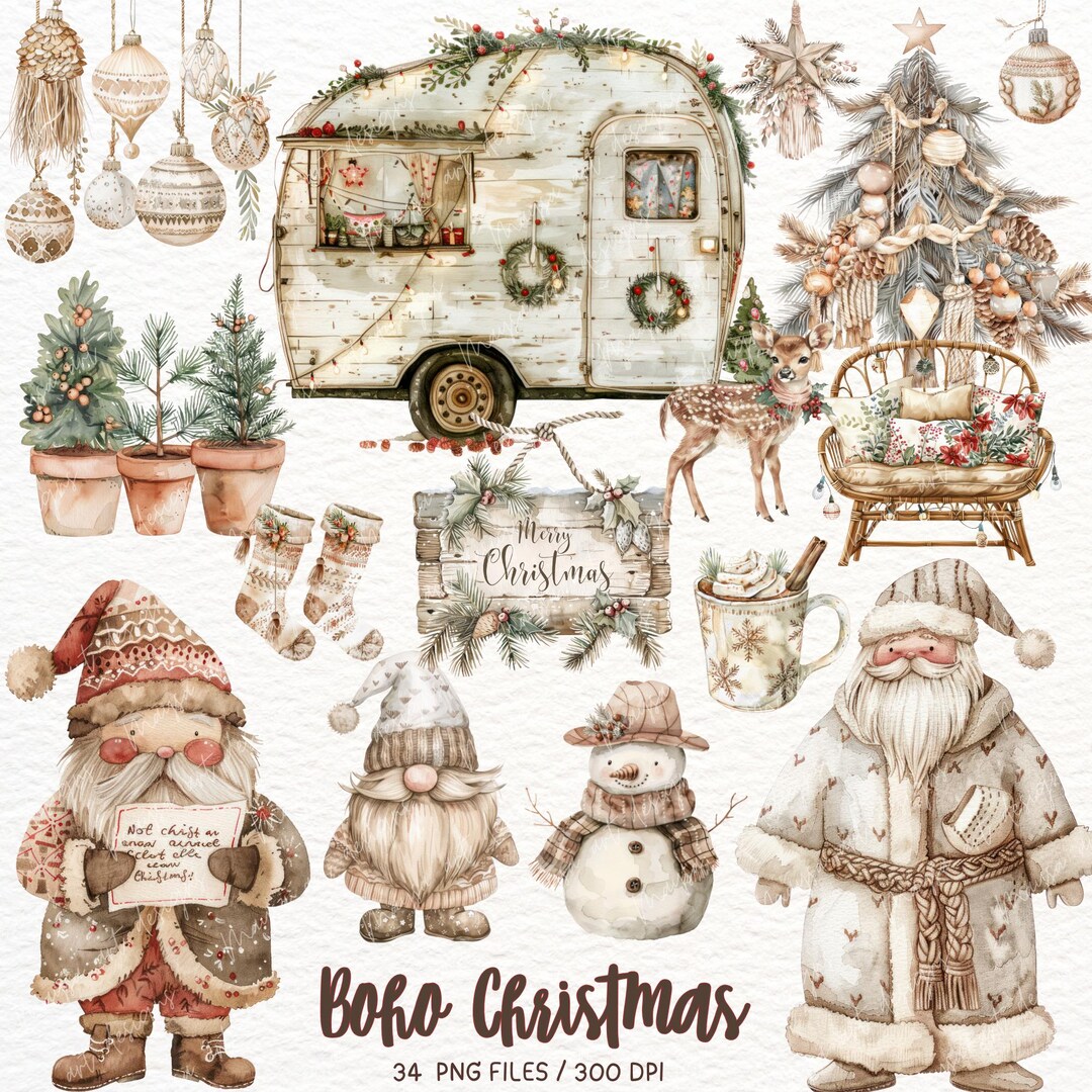 Watercolor Boho Christmas Clipart: Neutral Holiday Graphics (digital ...