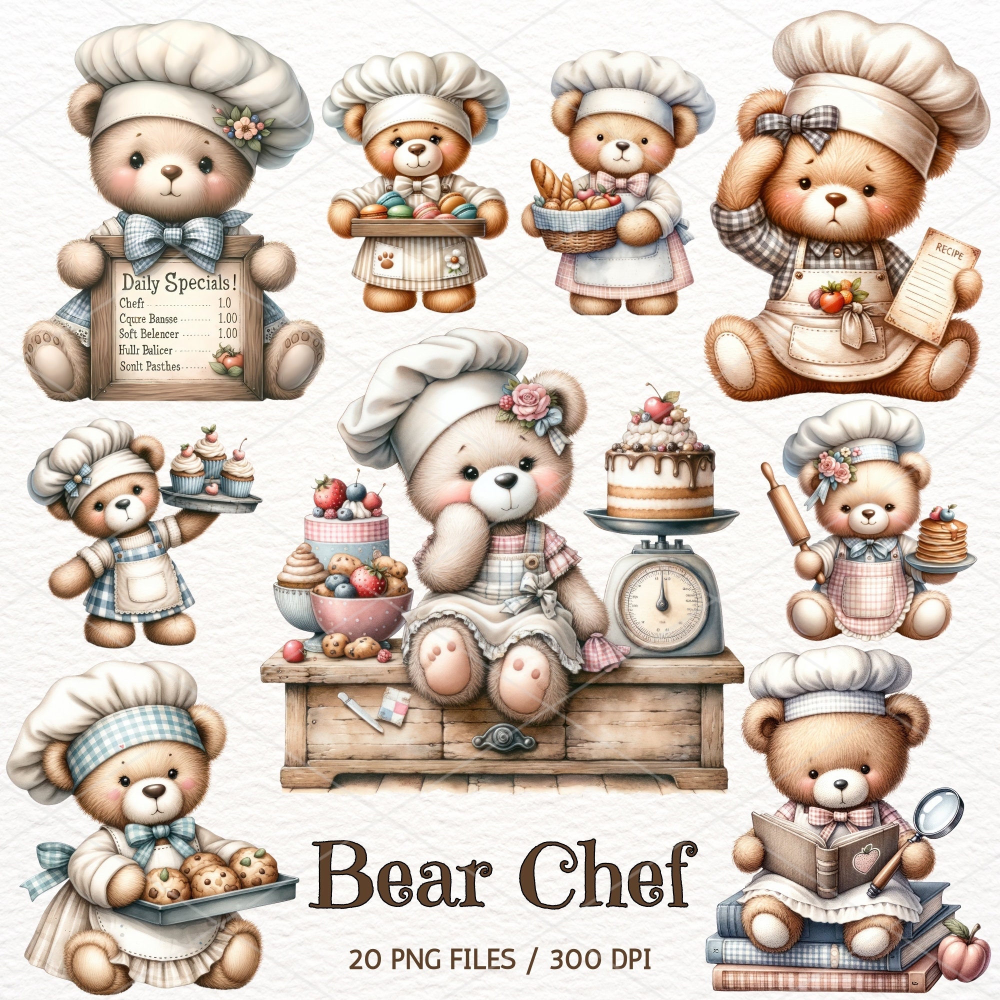 Chef Teddy Bear Watercolor Clipart, Nursery Clipart, Card Making, Cute ...
