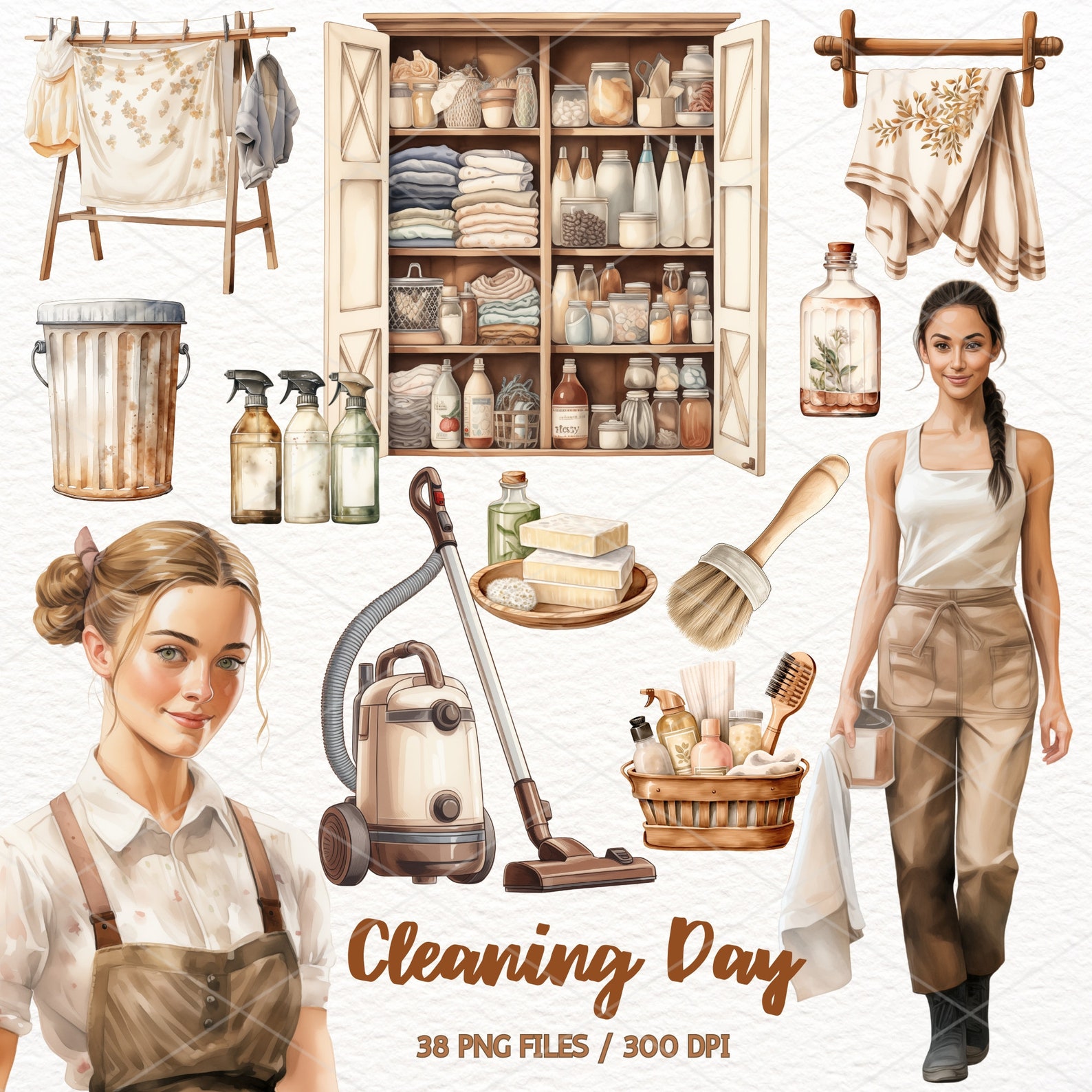 Watercolor Cleaning Day Clipart: Neutral PNG Set (digital Download) - Etsy