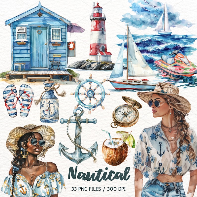 Watercolor Nautical Clipart: Summer Beach, Lighthouse (instant Download ...