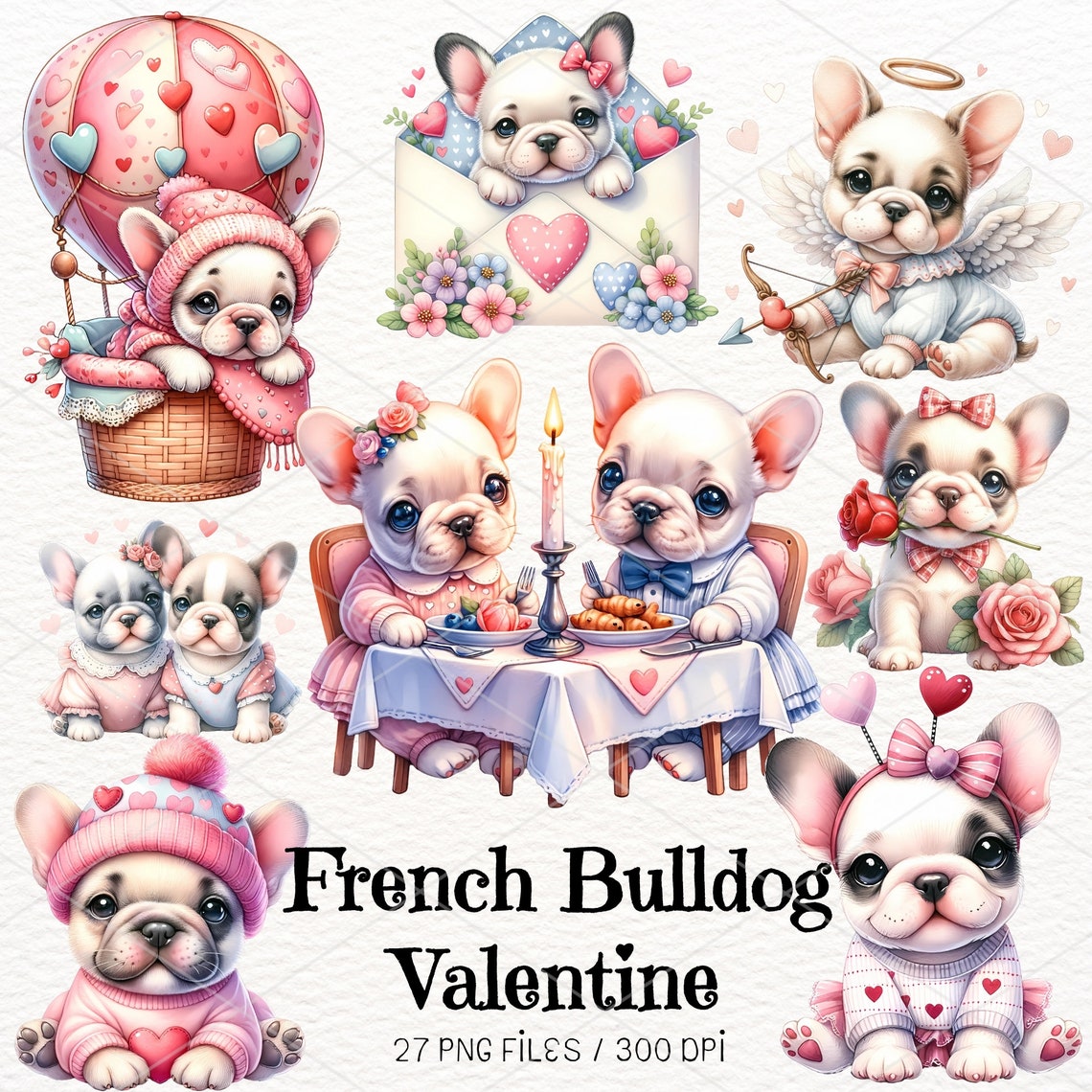 Valentine's Day Animal, Watercolor Clipart, French Bulldog, Valentine's ...