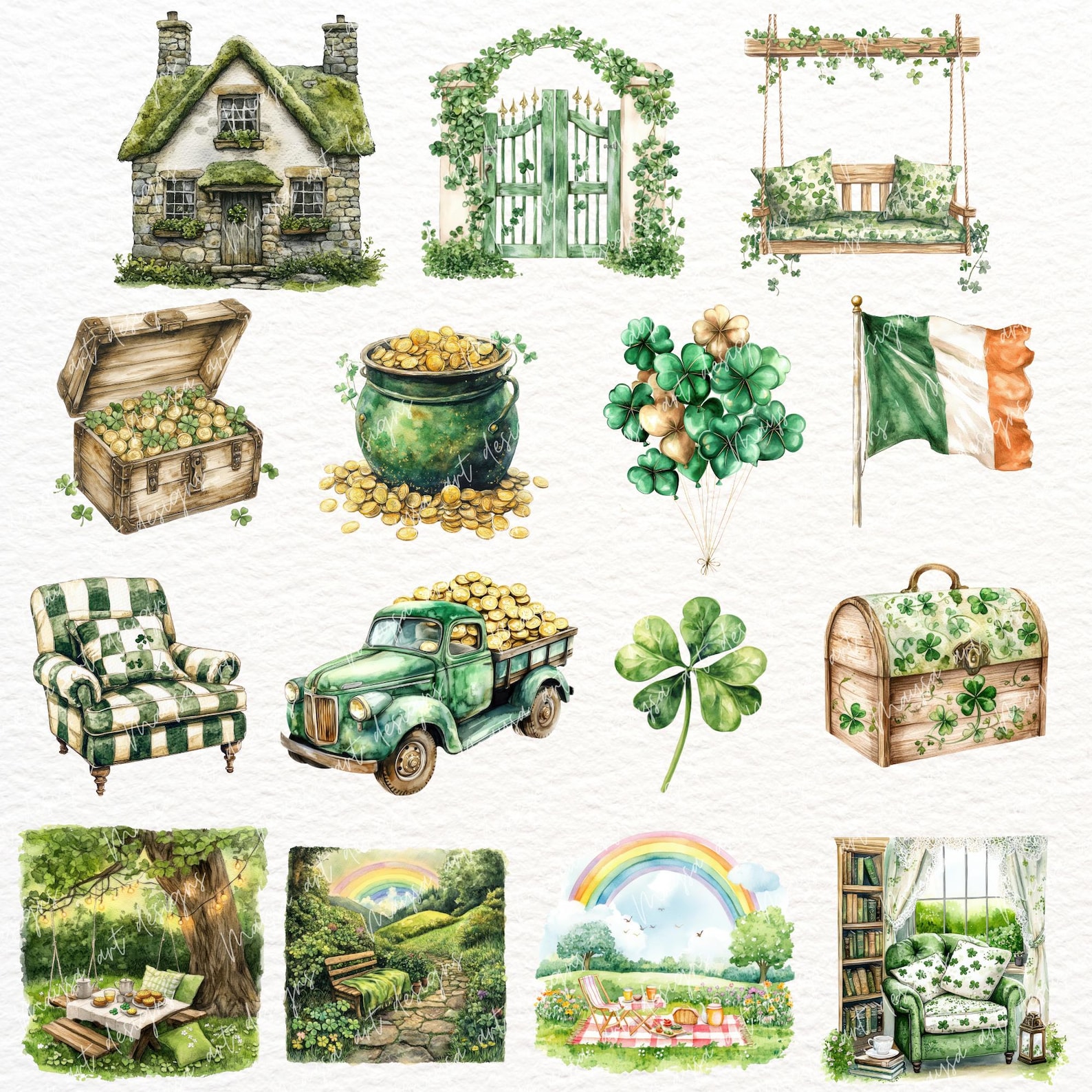 Watercolor St. Patrick's Day Clipart: Shamrock, Leprechaun, Pot of Gold ...
