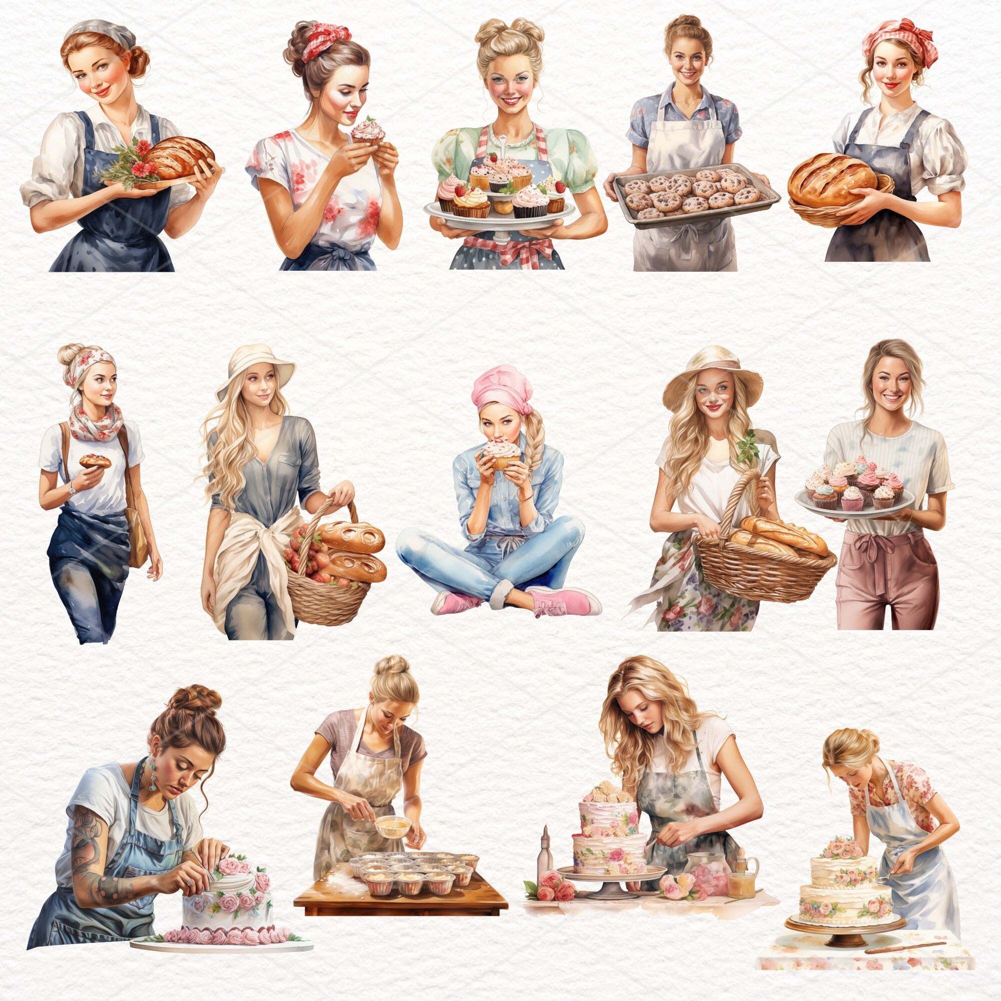 Baking Time Watercolor Clipart, Baker Girl Graphics, Kitchen Utensils ...