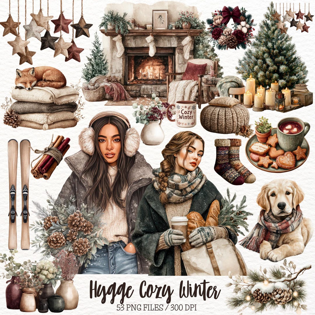 Cozy Winter Hygge Clipart, Cozy Cottage, Digital Stickers for Planners ...
