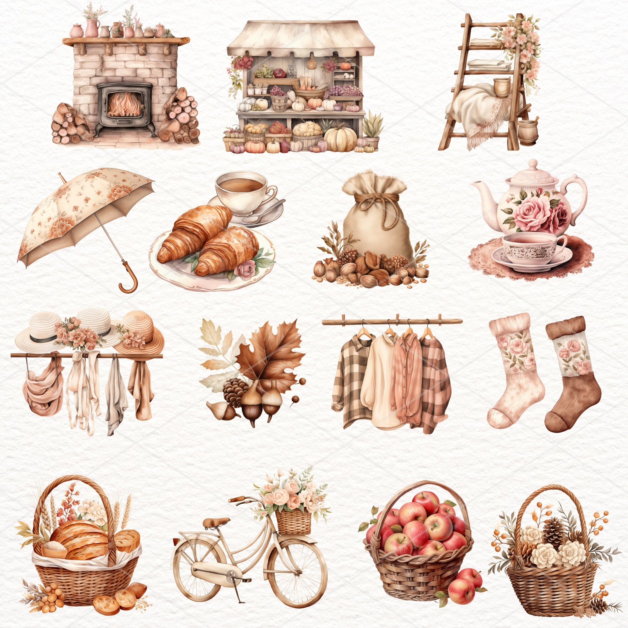 Cozy Fall Watercolor Clipart, Autumn Clipart, Autumn Fall Cottagecore ...