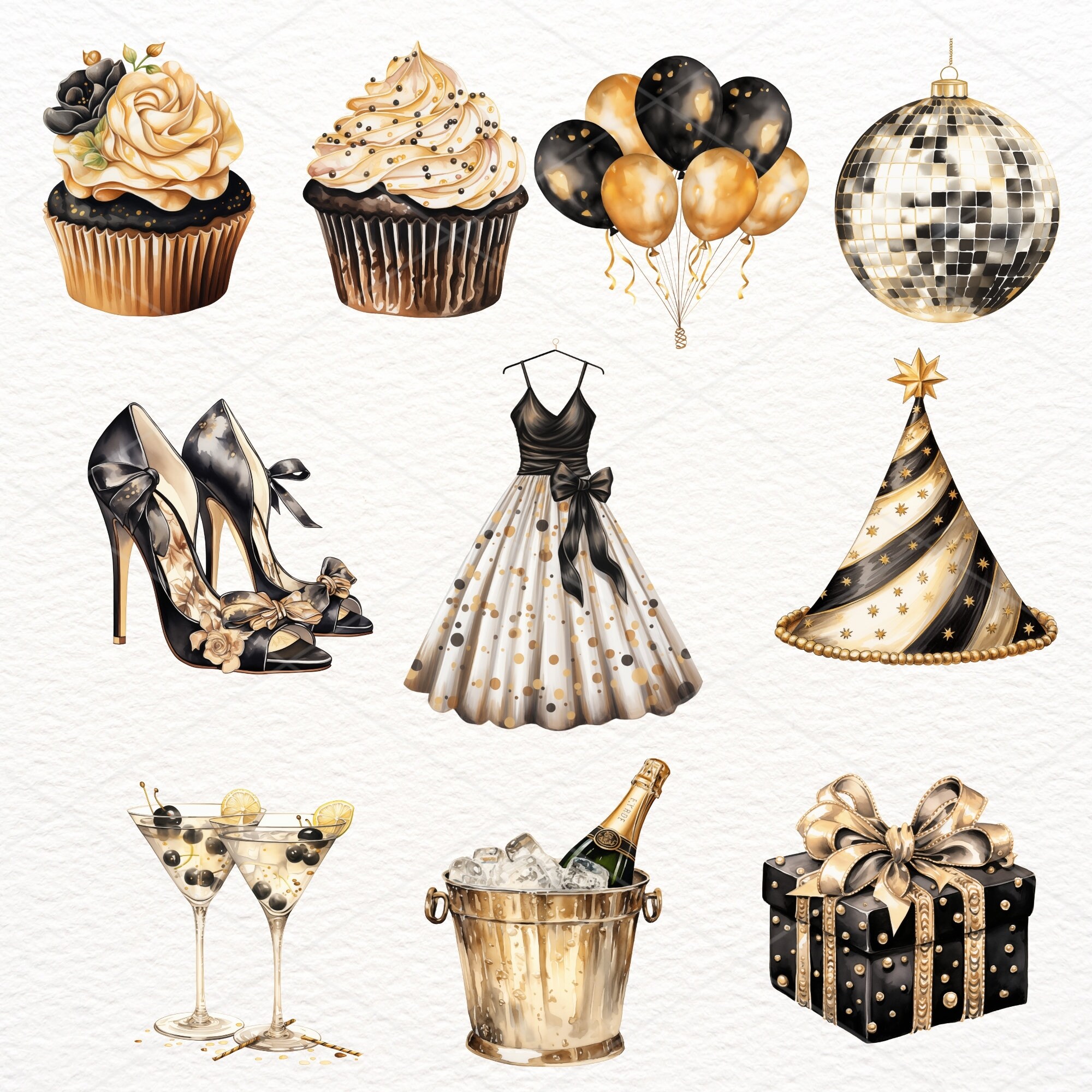 Watercolor Happy Birthday Clipart, Black and Gold, Birthday Party ...