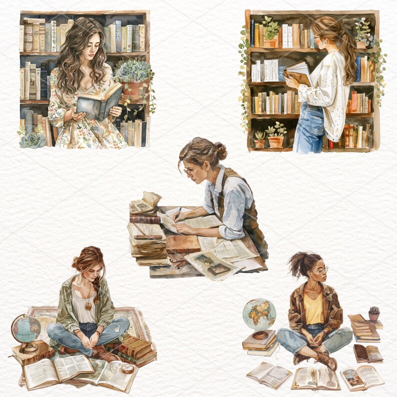 Watercolor Library Clipart, Book Lover, Reading, Vintage Books Clipart ...