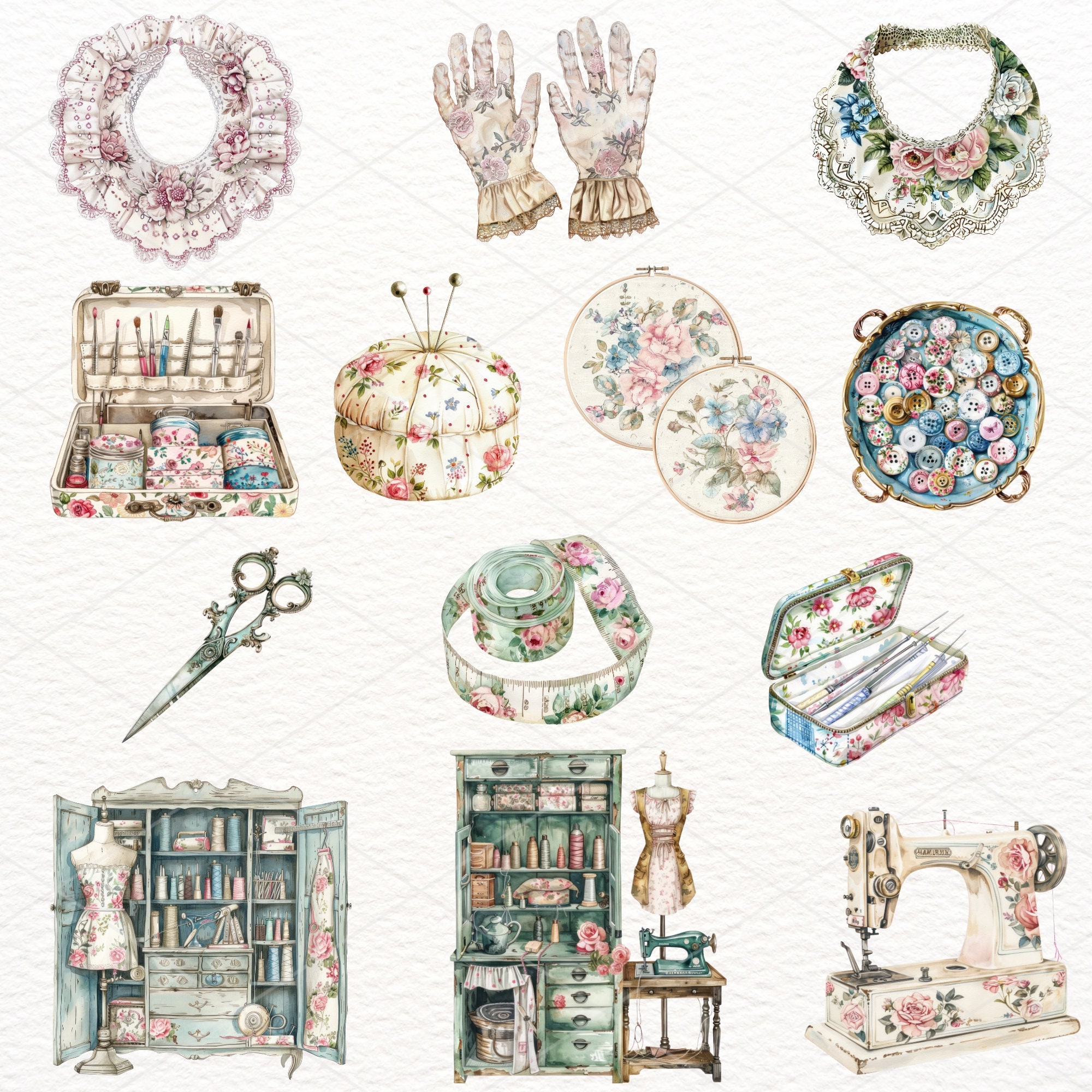 Watercolor Vintage Sewing Clipart, Sewing Machines, Cottagecore ...