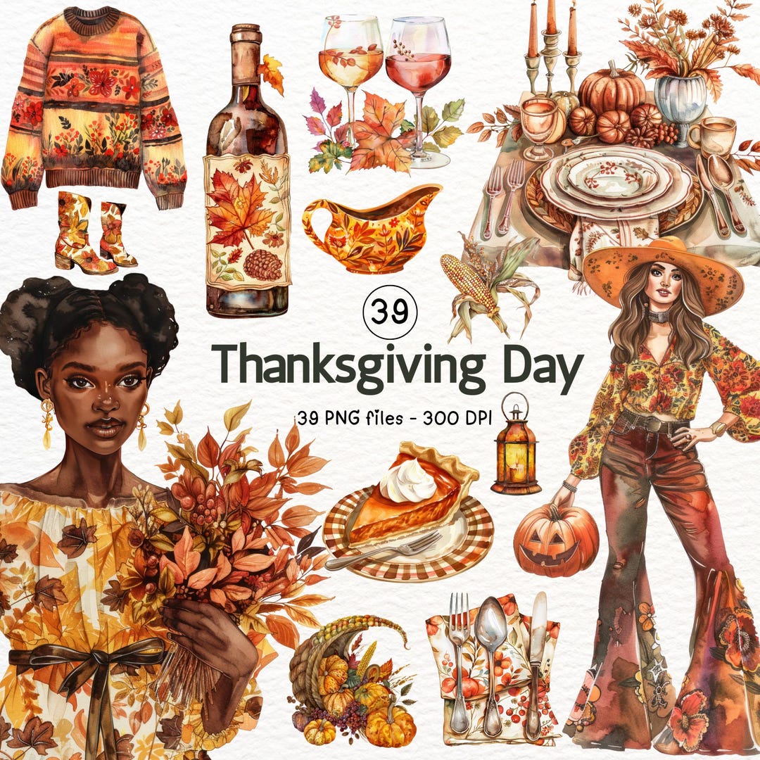 Watercolor Thanksgiving Day Clipart, Autumn Fall Holiday, Retro ...