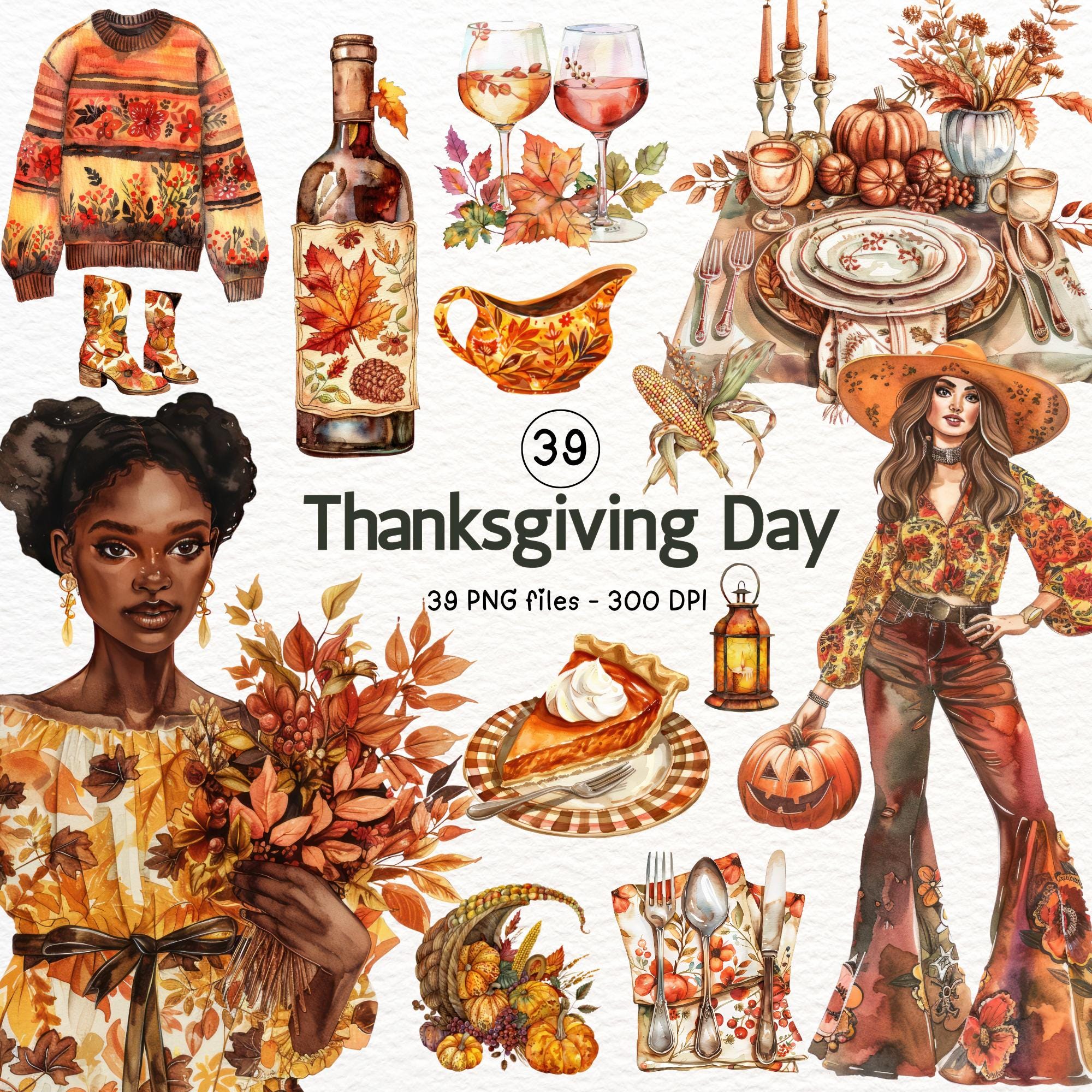 Watercolor Thanksgiving Day Clipart, Autumn Fall Holiday, Retro ...