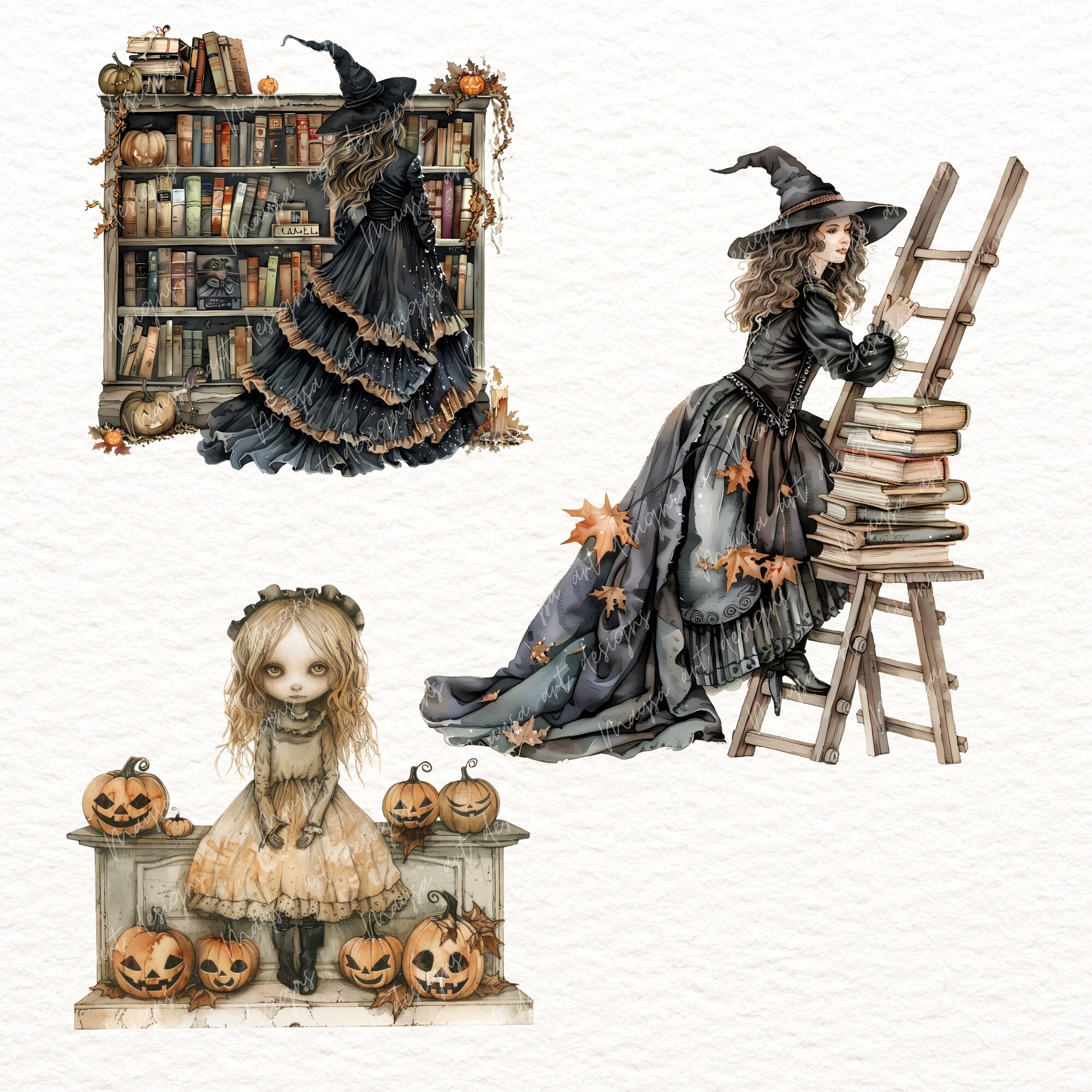 Watercolor Halloween Clipart, Reading, Haunted Library, Spooky, Creepy ...