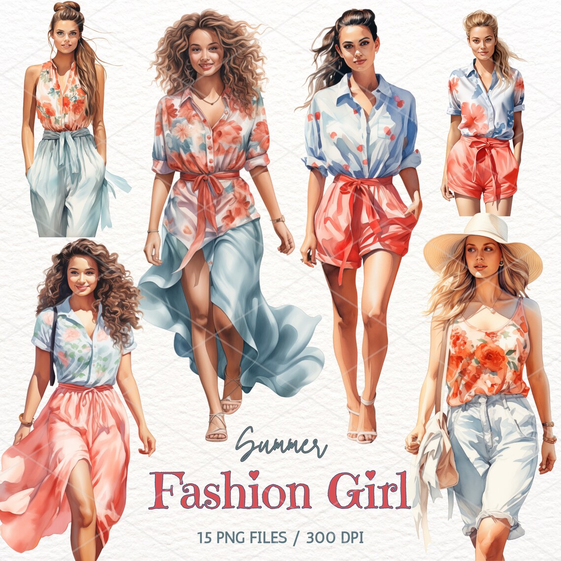 Watercolor Summer Fashion Girls Clipart: PNG Graphics (digital Download ...