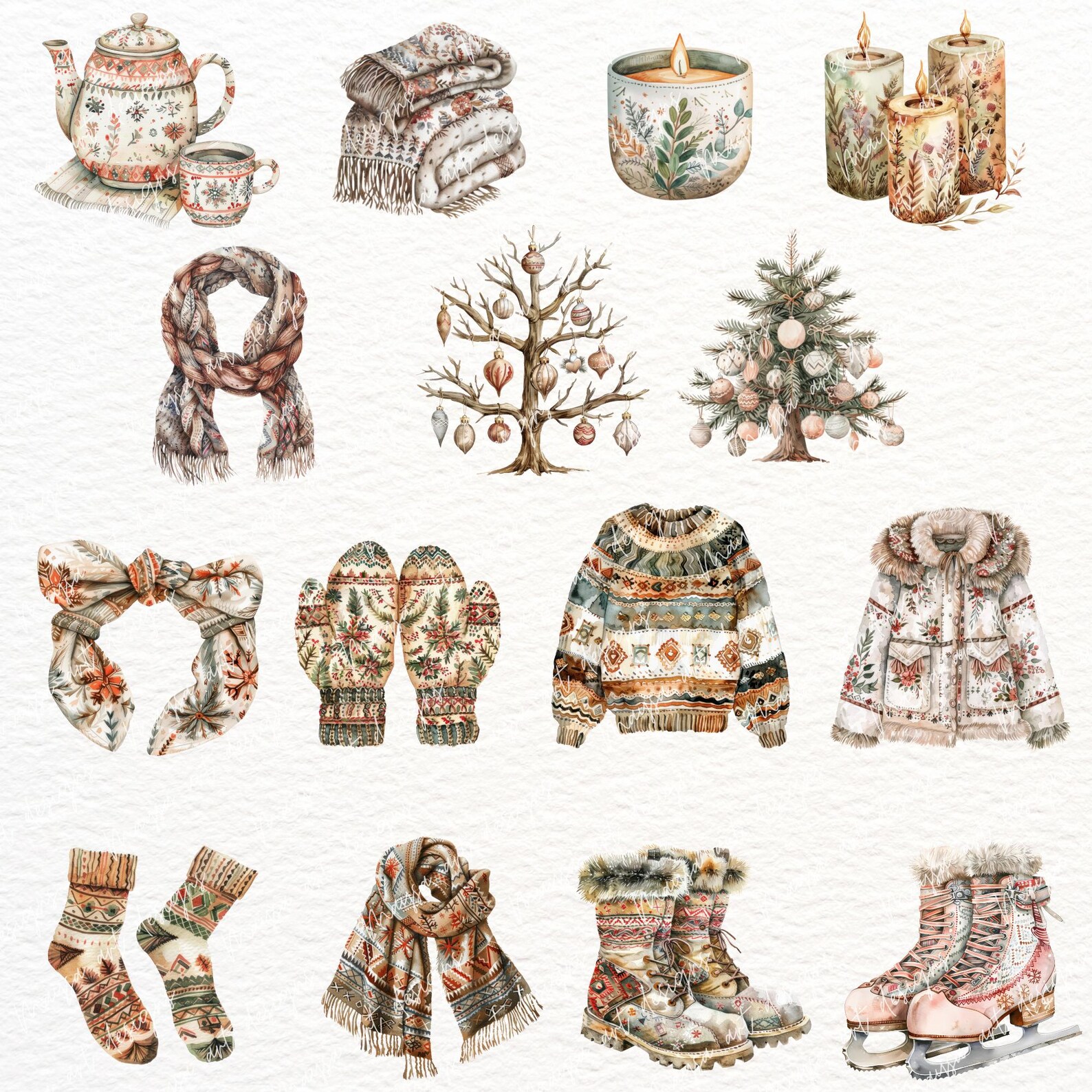 Watercolor Boho Winter Clipart: Holiday Ornament Stickers (digital ...