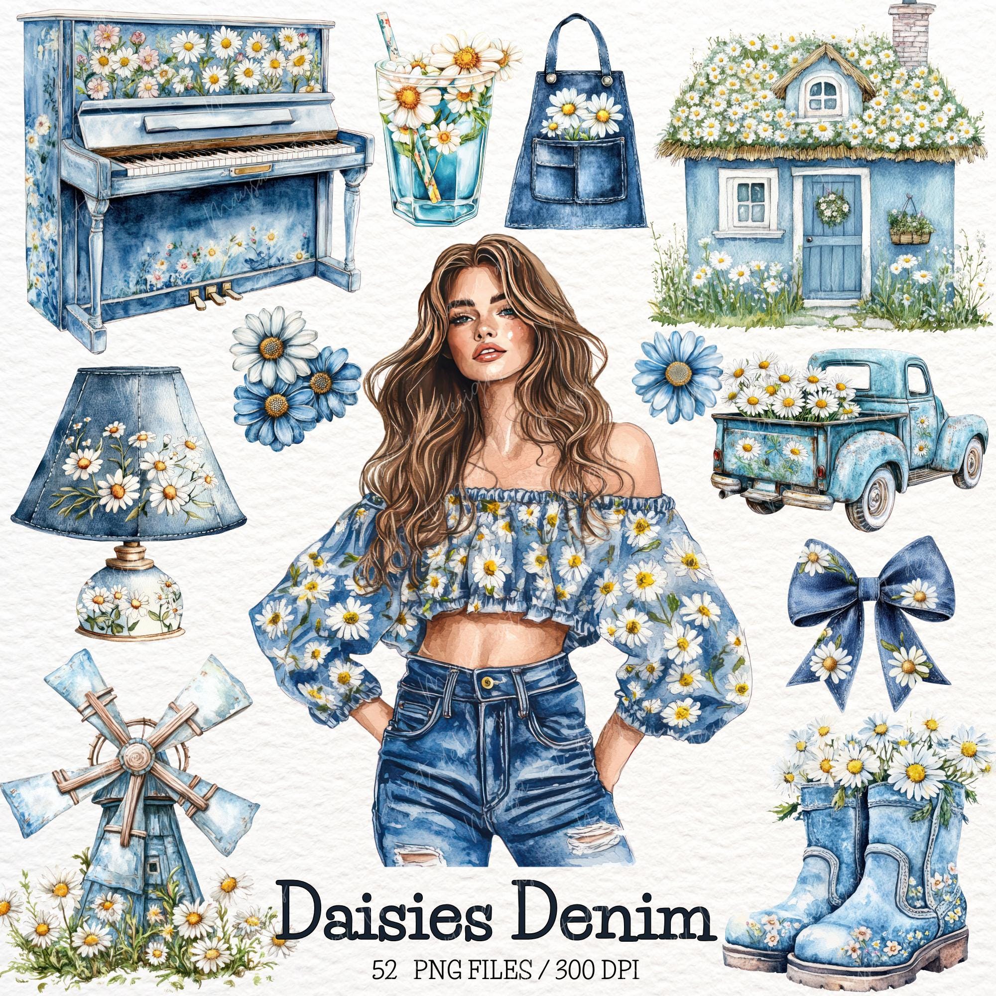 Watercolor Denim Daisy Clipart: Cottagecore Spring Florals (PNG Digital ...