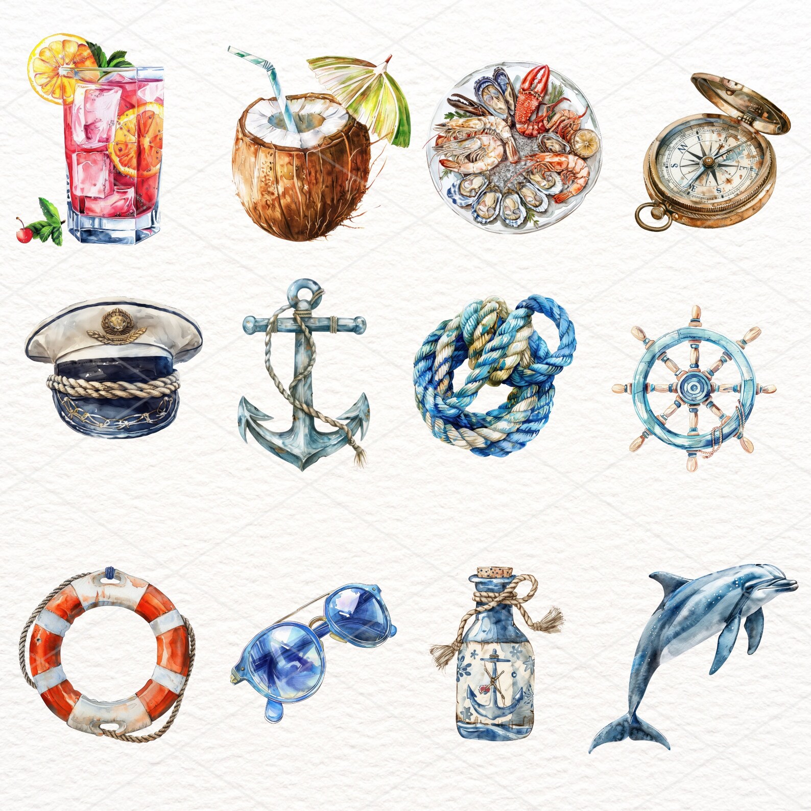 Watercolor Nautical Clipart: Summer Beach, Lighthouse (instant Download ...