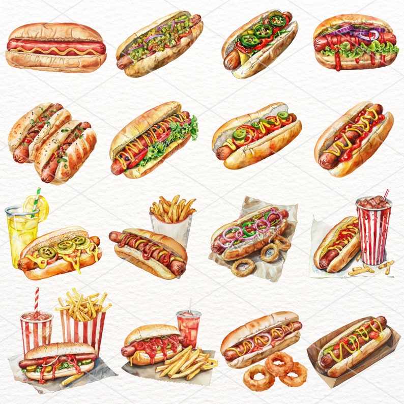 Watercolor Hot Dog Clipart, Hot Dog PNG Fast Food Clipart, Summer Food ...