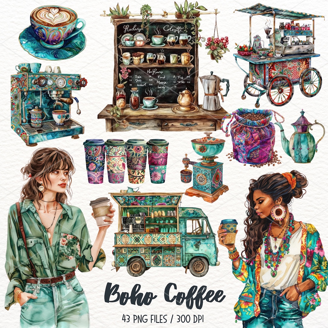Watercolor Boho Coffee Clipart: Coffee Shop PNG Stickers (commercial ...