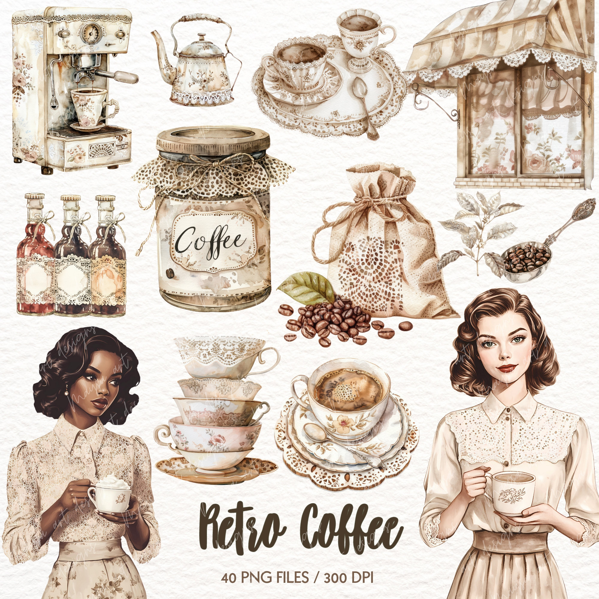 Watercolor Retro Coffee Clipart, Coffee Lover, Coffee PNG, Coffee Mug ...