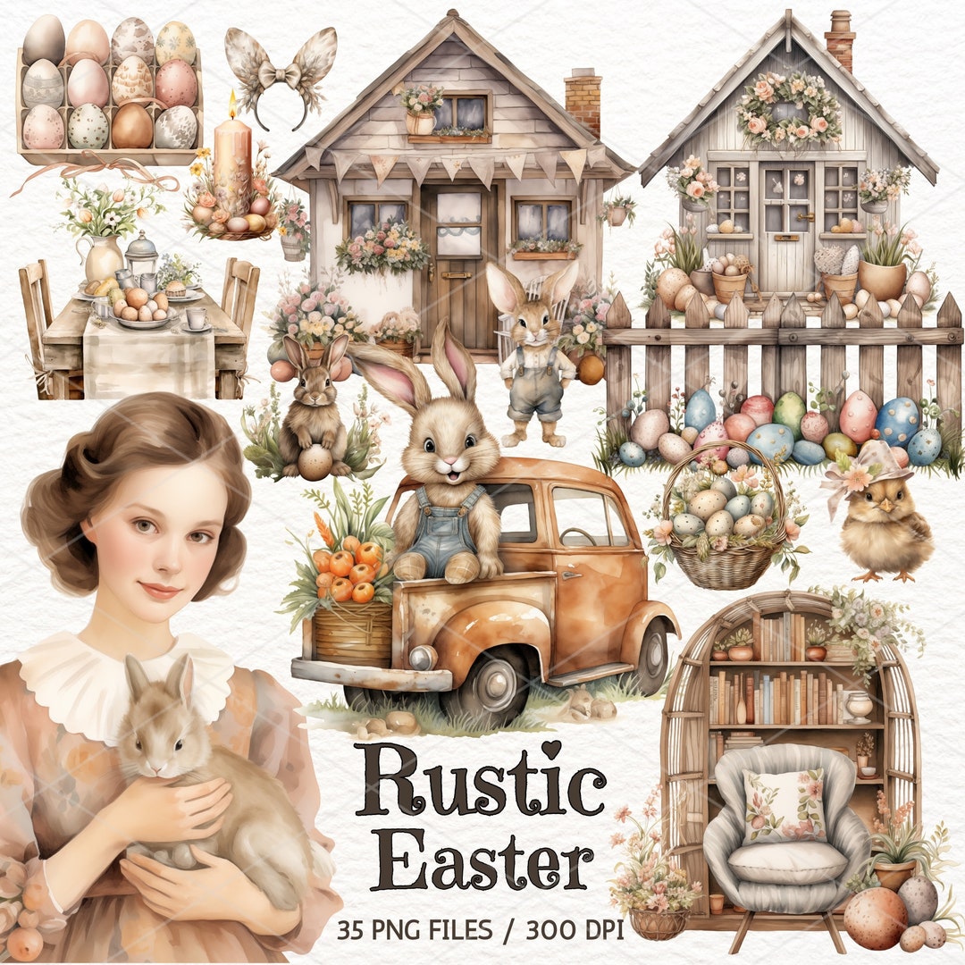 Rustic Easter Watercolor Clipart, Easter Clipart Bundle, Easter Bunny ...
