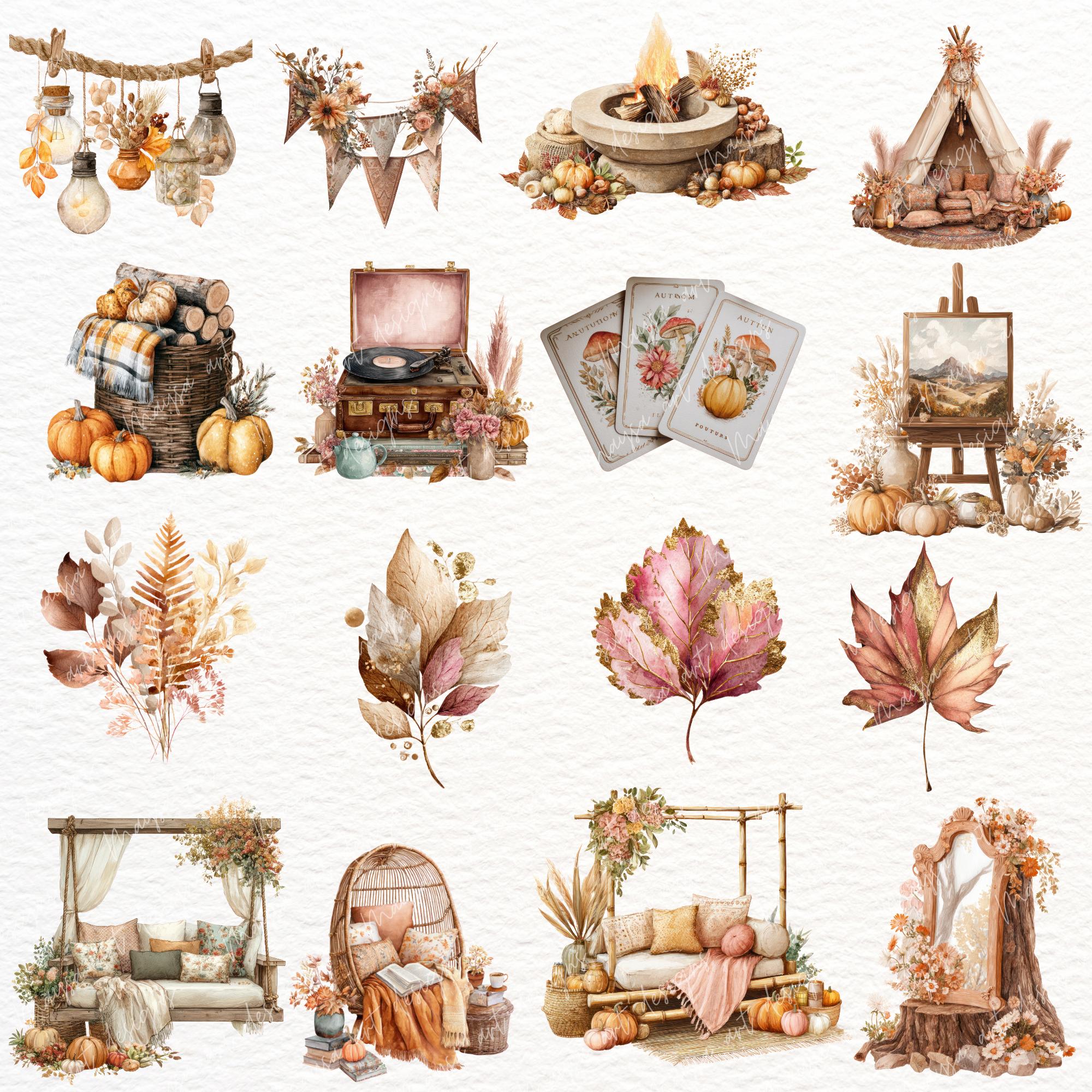 Boho Fall Clipart Set: Watercolor Autumn PNG Graphics (digital Download ...