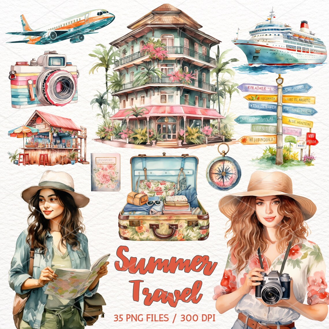 Watercolor Summer Travel Clipart, Summer PNG, Travel Clipart, Girl ...