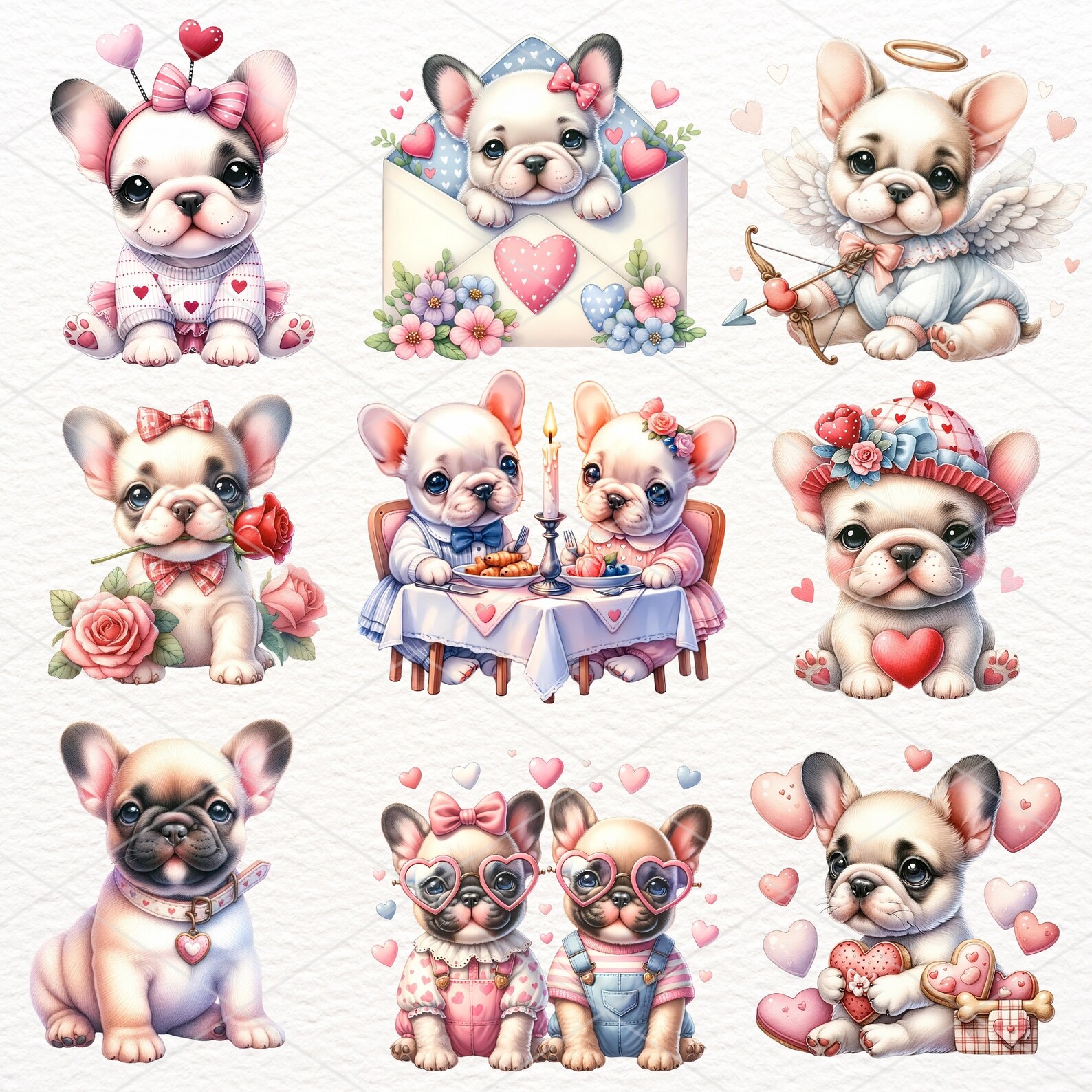 Valentine's Day Animal, Watercolor Clipart, French Bulldog, Valentine's ...